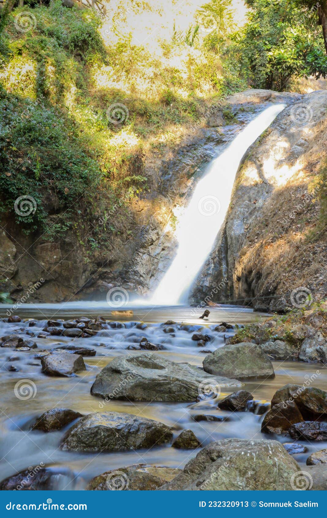 Small Waterfall with Water Splashing and Tumbling Over the Rocks in the ...