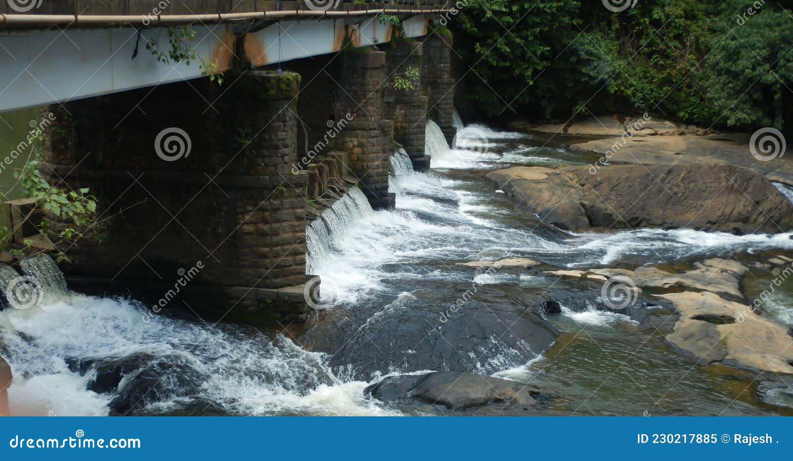 Small Waterfalls and Bridge, Pillars Stock Image - Image of reflection ...
