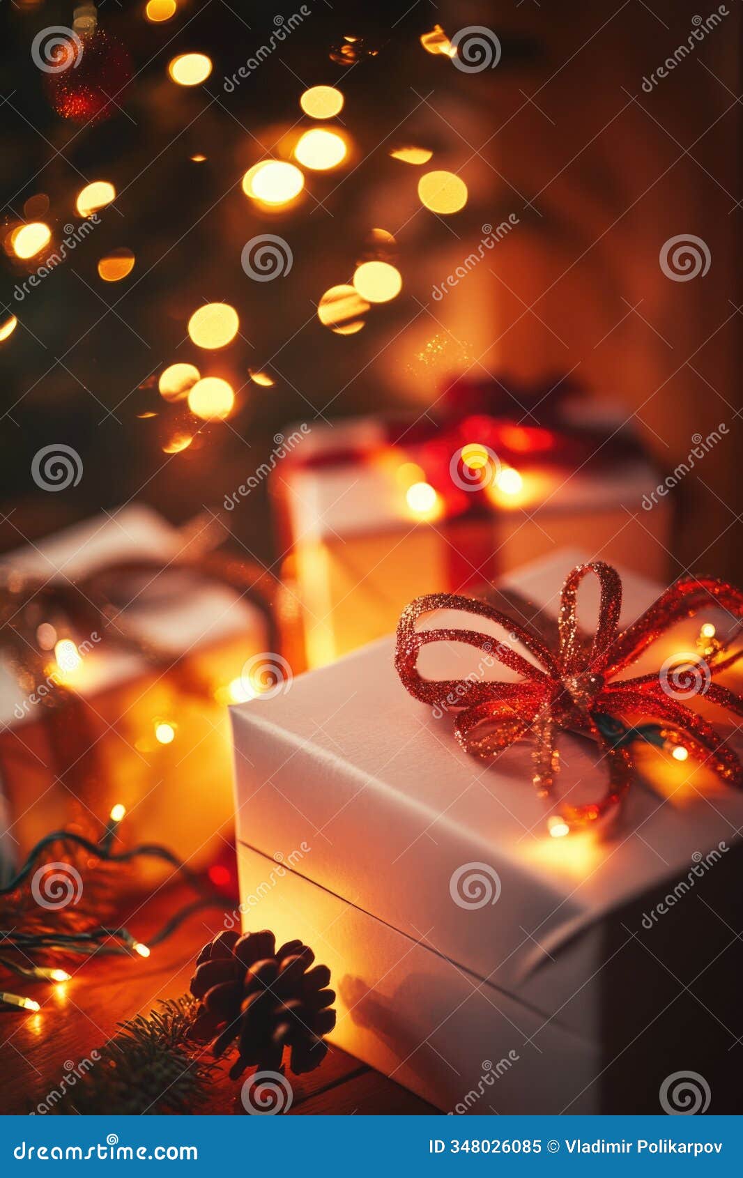 A Small White Box with a Red Bow Wrapped Around it, Placed on a Table ...