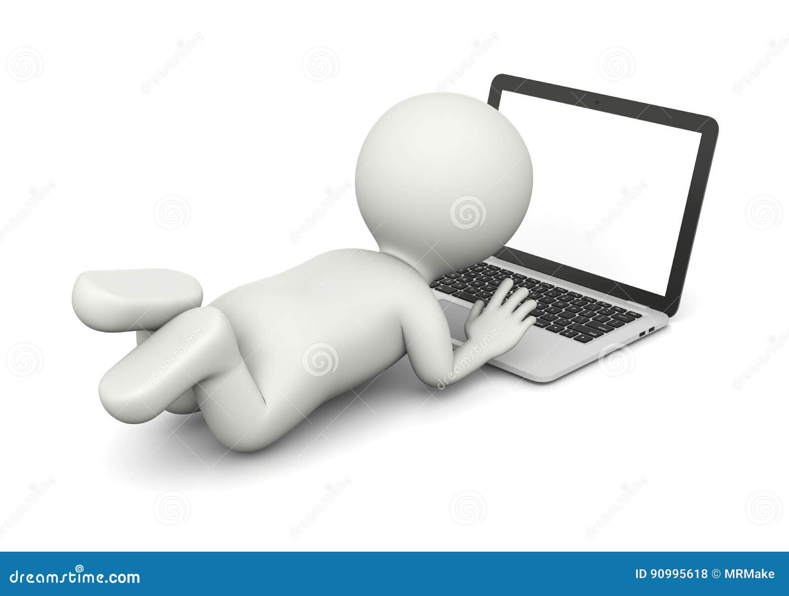 Small White 3D Character Using a Laptop Computer Stock Illustration ...