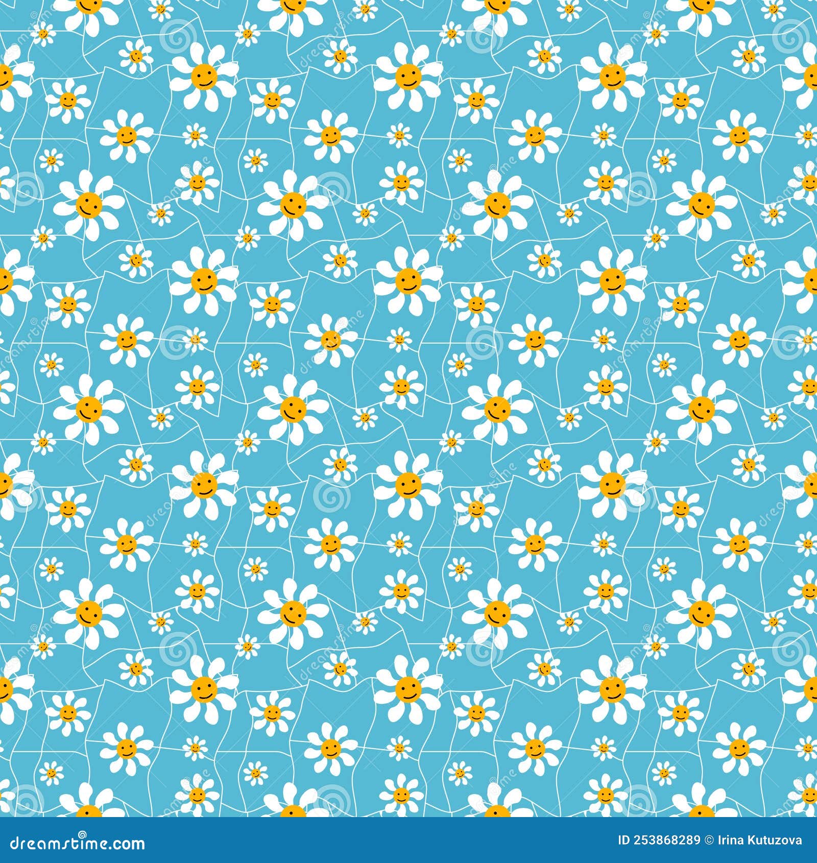 Small White Daisies and Smiley on a Blue Abstract Background. Vector ...