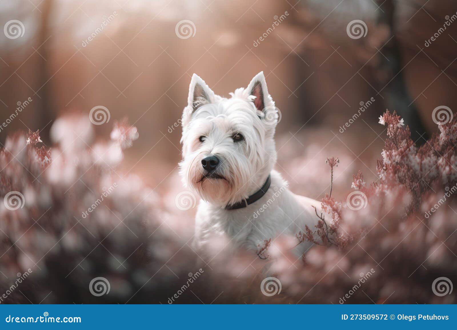 A Small White Dog is Standing in a Field of Flowers Stock Photo - Image ...