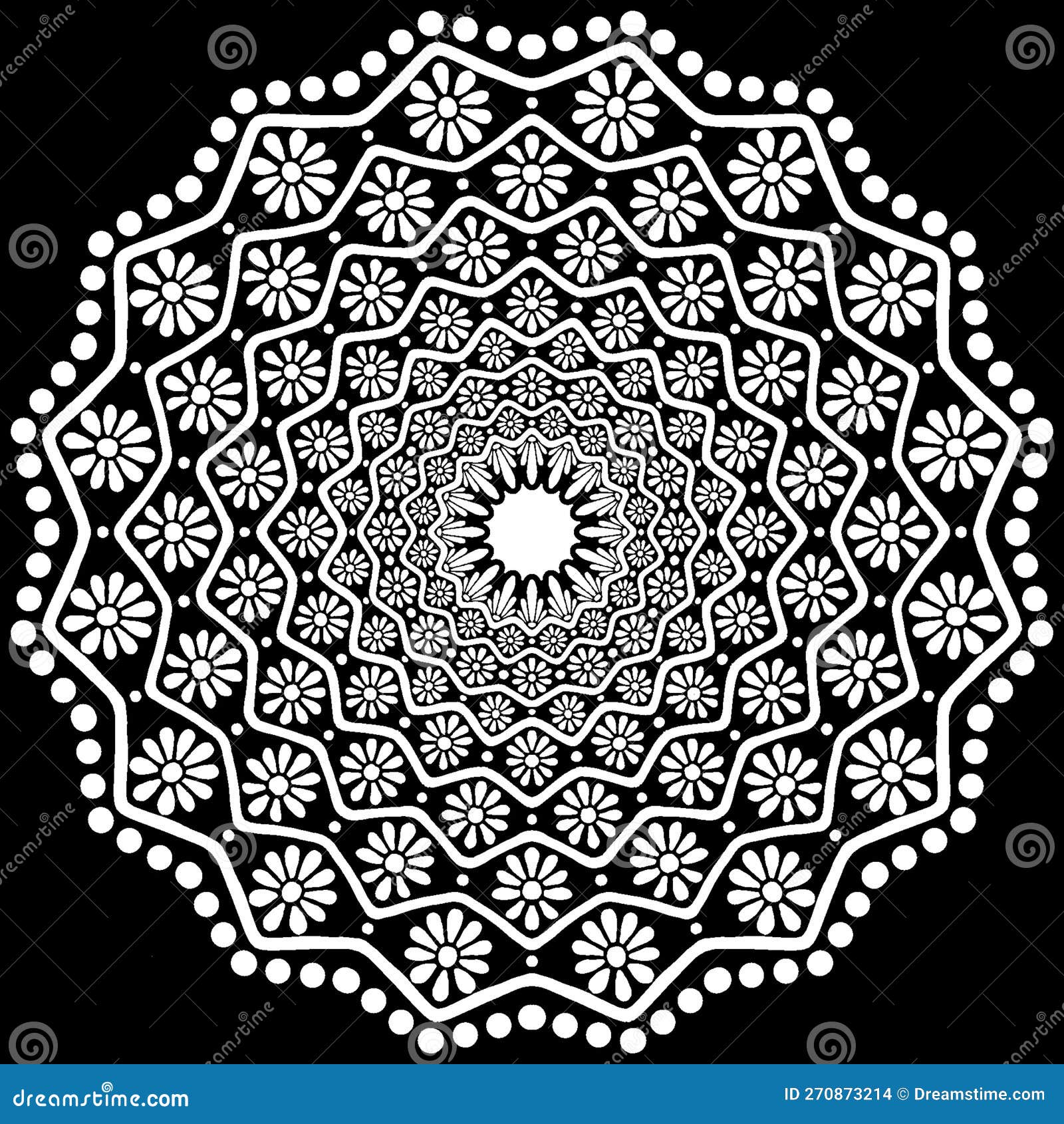 Small White Flowers Mandala on Black Background Stock Illustration ...