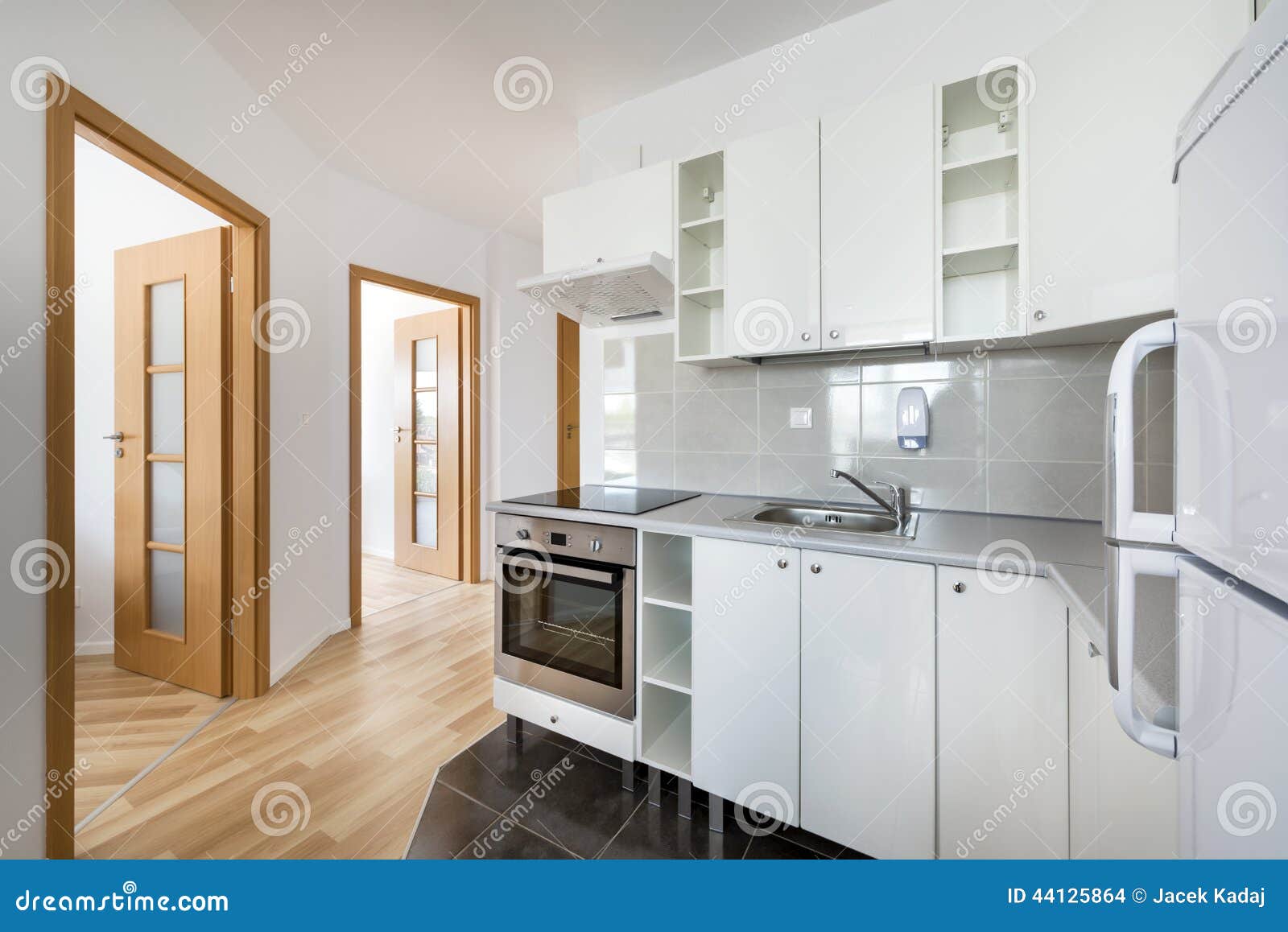 Small, White Modern Kitchen Interior Design Stock Photo - Image of ...