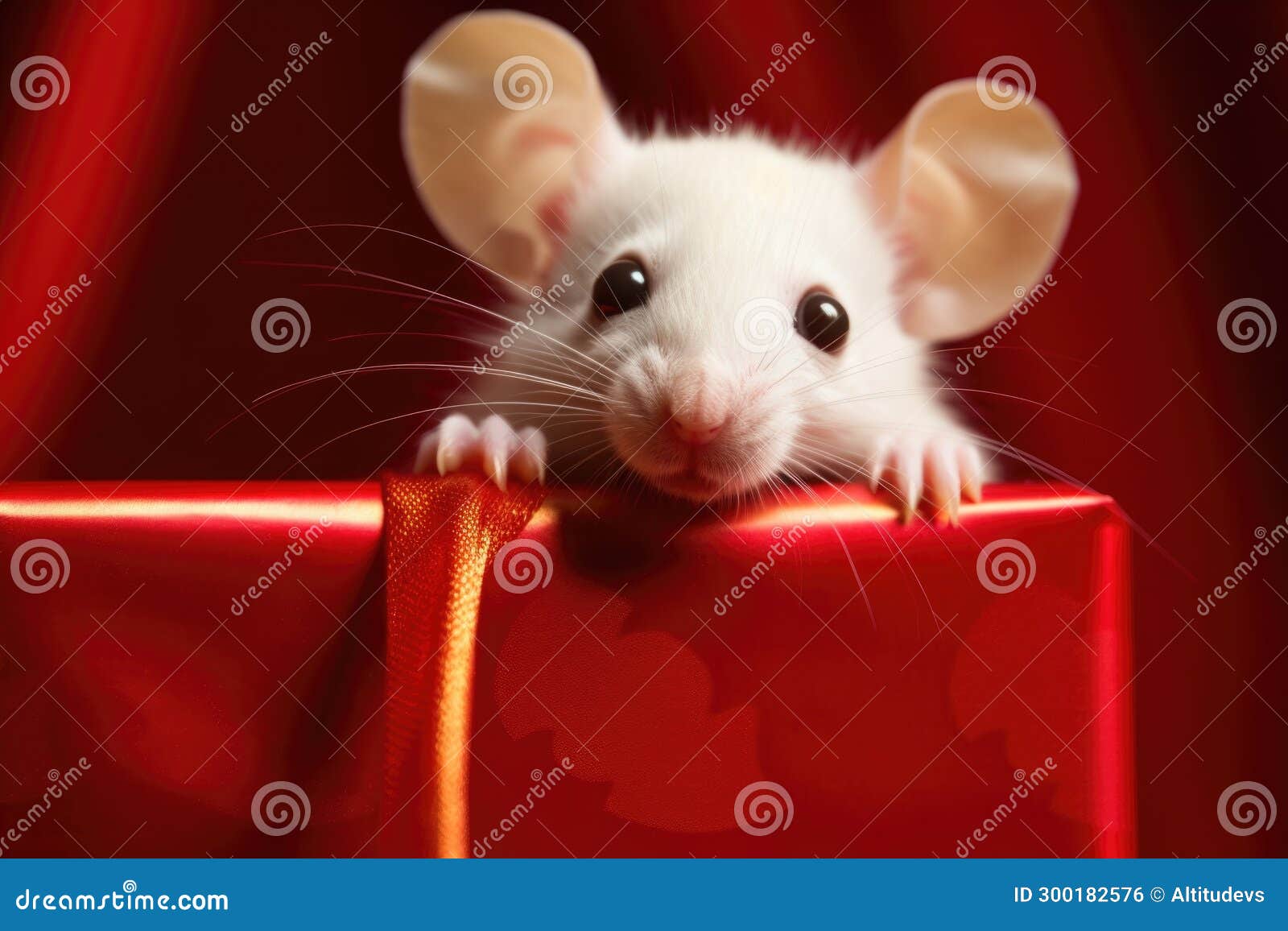 A Small White Mouse Peeping Out of a Bright Red Gift Box Stock Photo ...