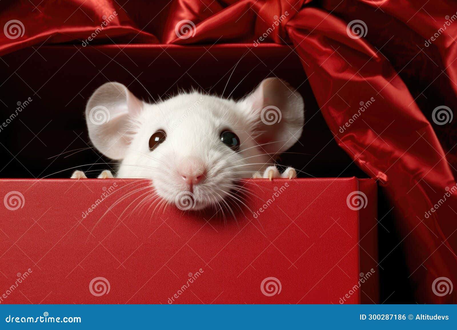 A Small White Mouse Peeping Out of a Bright Red Gift Box Stock Photo ...