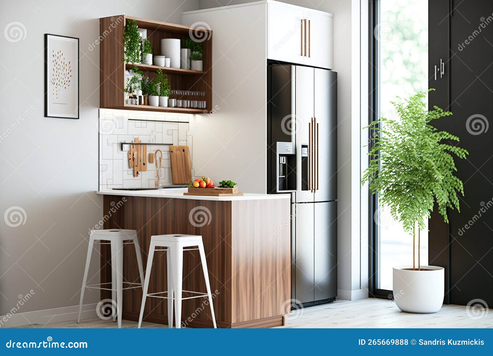 Small White and Wood Kitchen with Mini Bar. Generative AI Stock ...