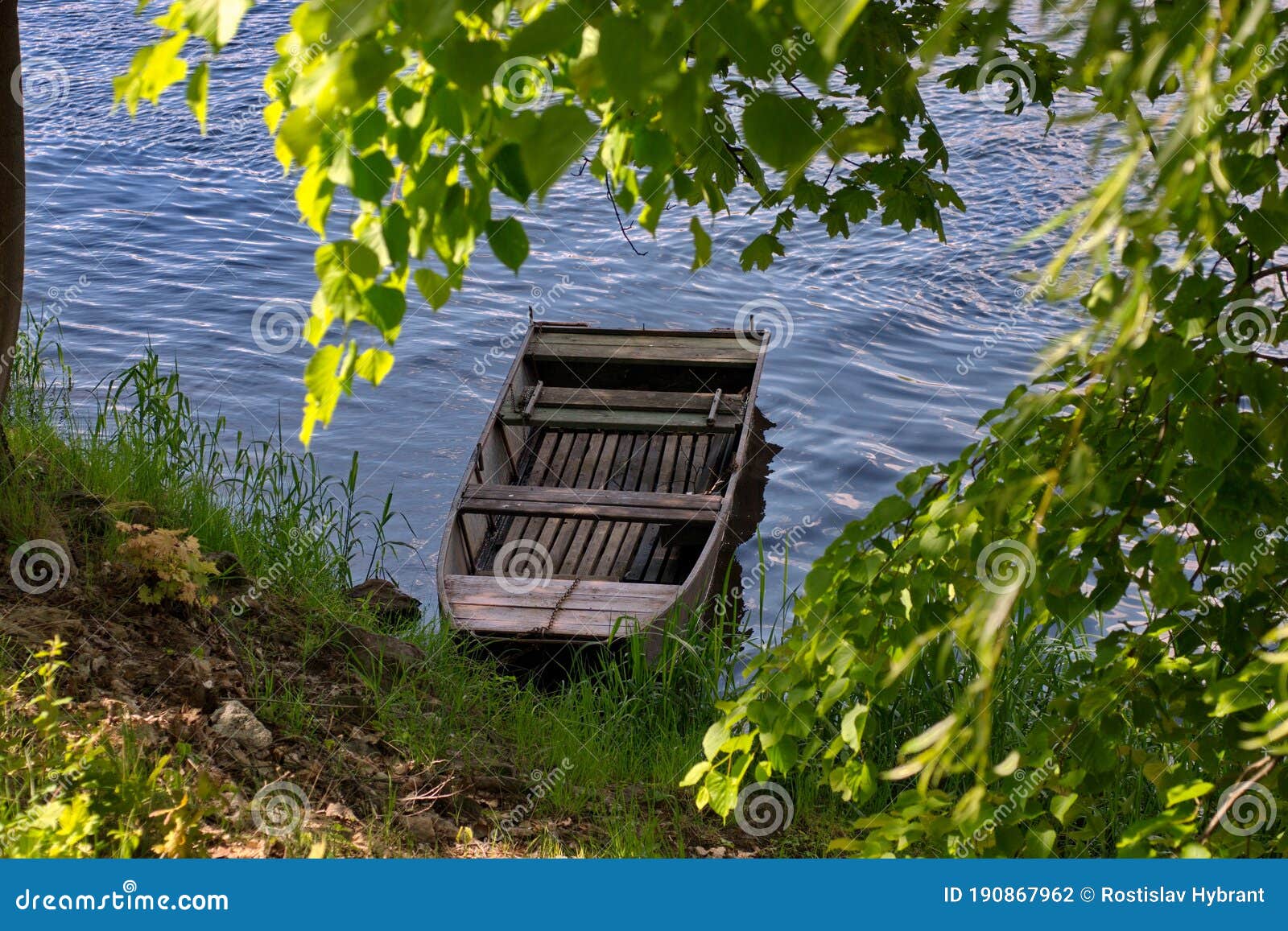 Small Wooden Boat on the River Bank Stock Photo - Image of tree, small ...