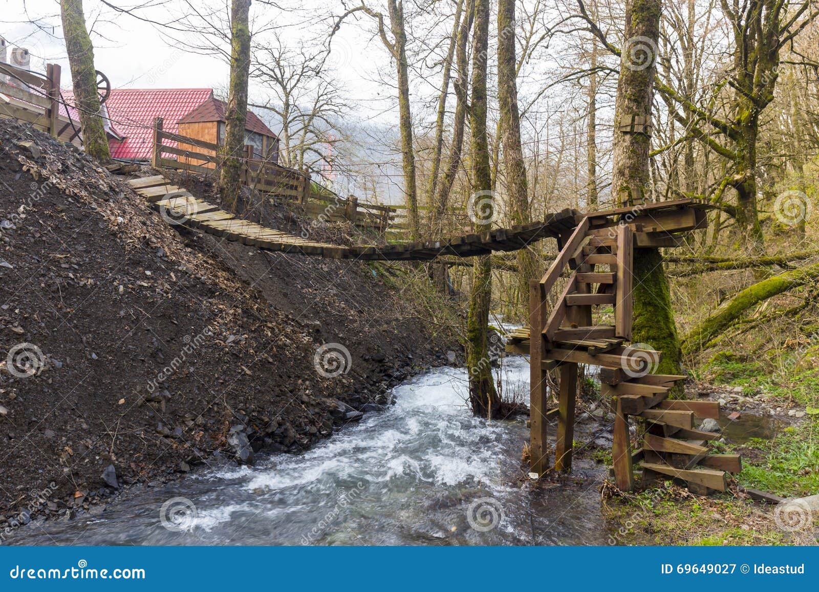 Small Wooden Bridge Over the Mountain Rive Stock Image - Image of ...
