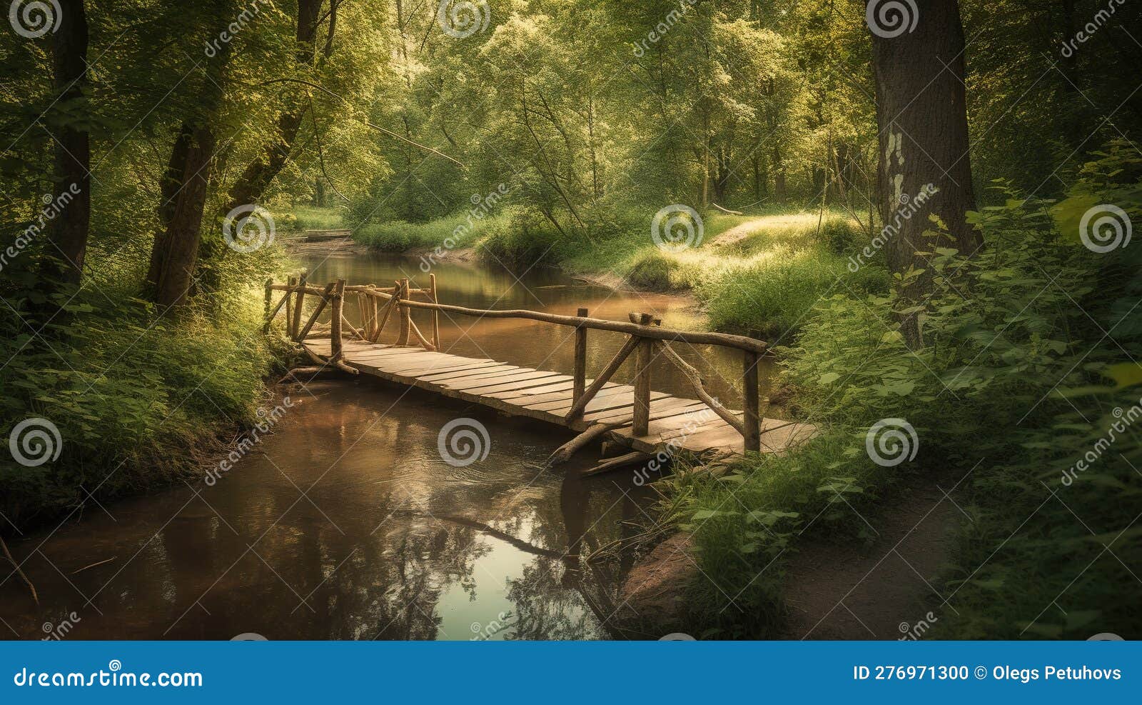 A Small Wooden Bridge Over a Small Stream in a Forest Stock ...