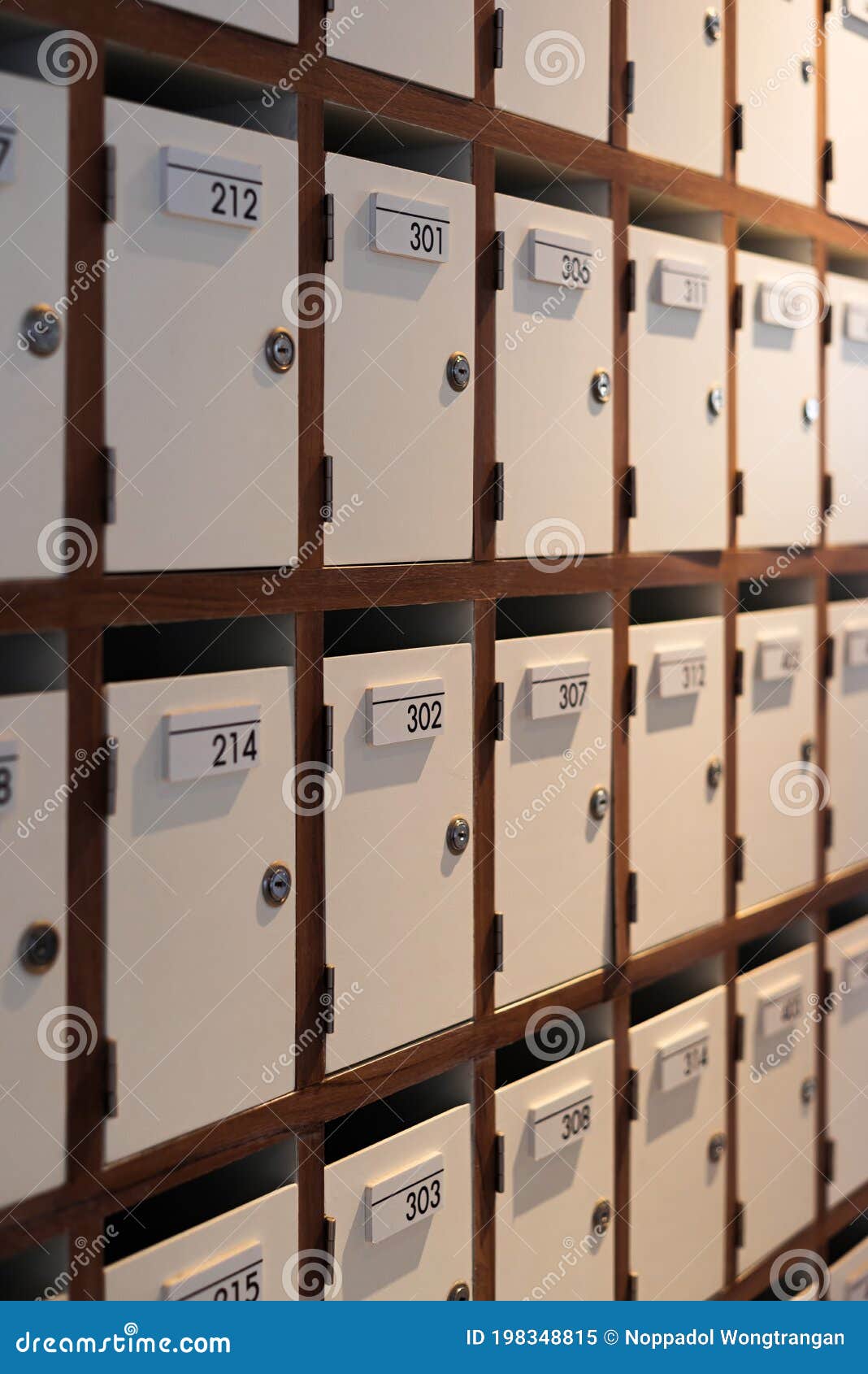 Small Wooden Mail Lockers with Closed Doors Stock Image - Image of room ...