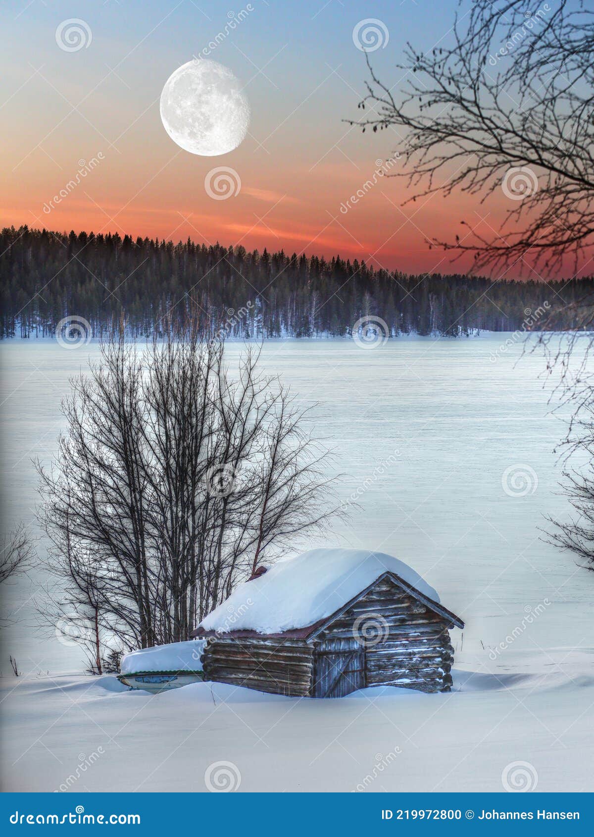 Small Wooden Shed in Dusk with Big Moon in the Sky Stock Photo - Image ...