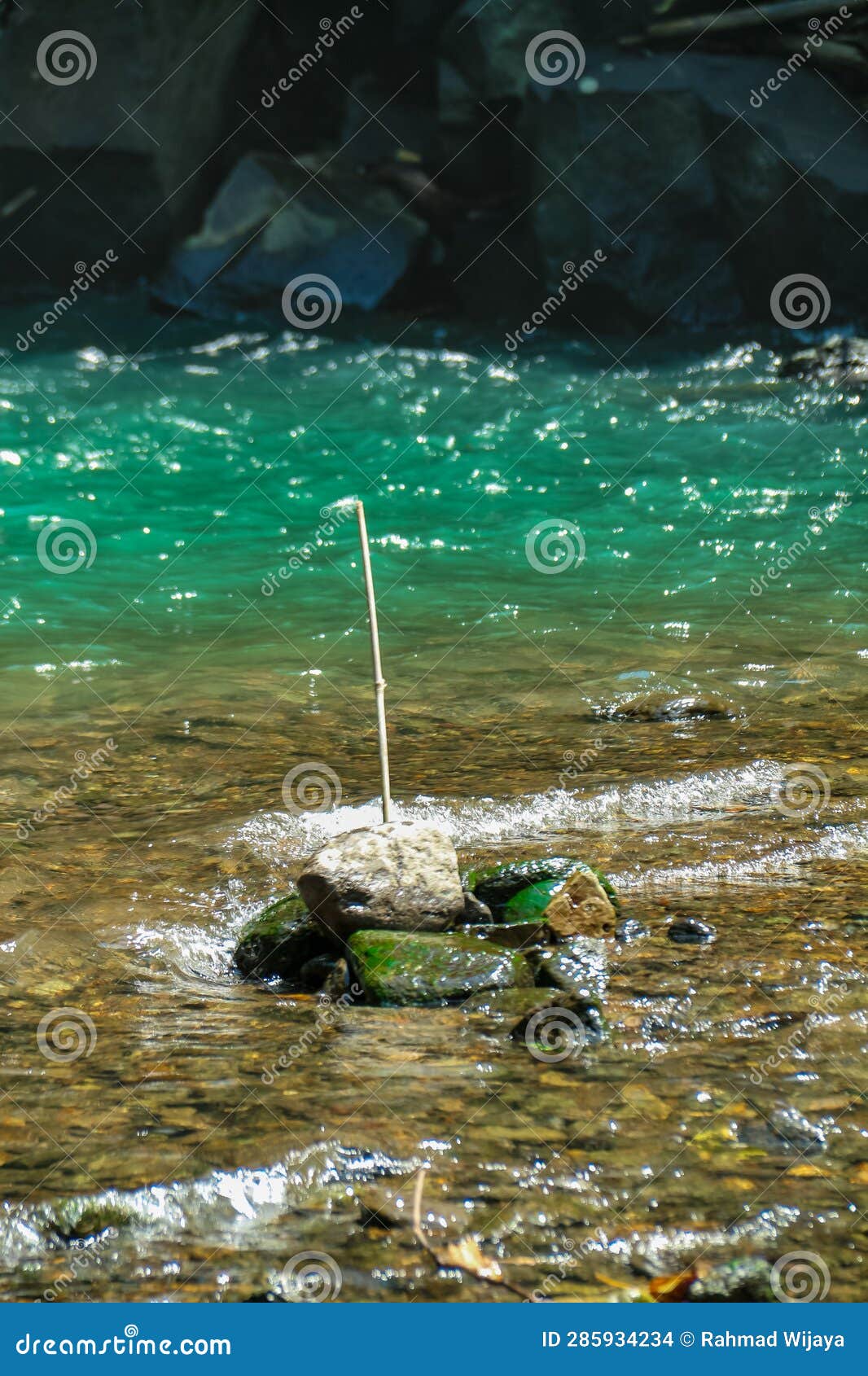 Small Wooden Stick on a Stone in the Middle of a Mountain Stream Stock ...