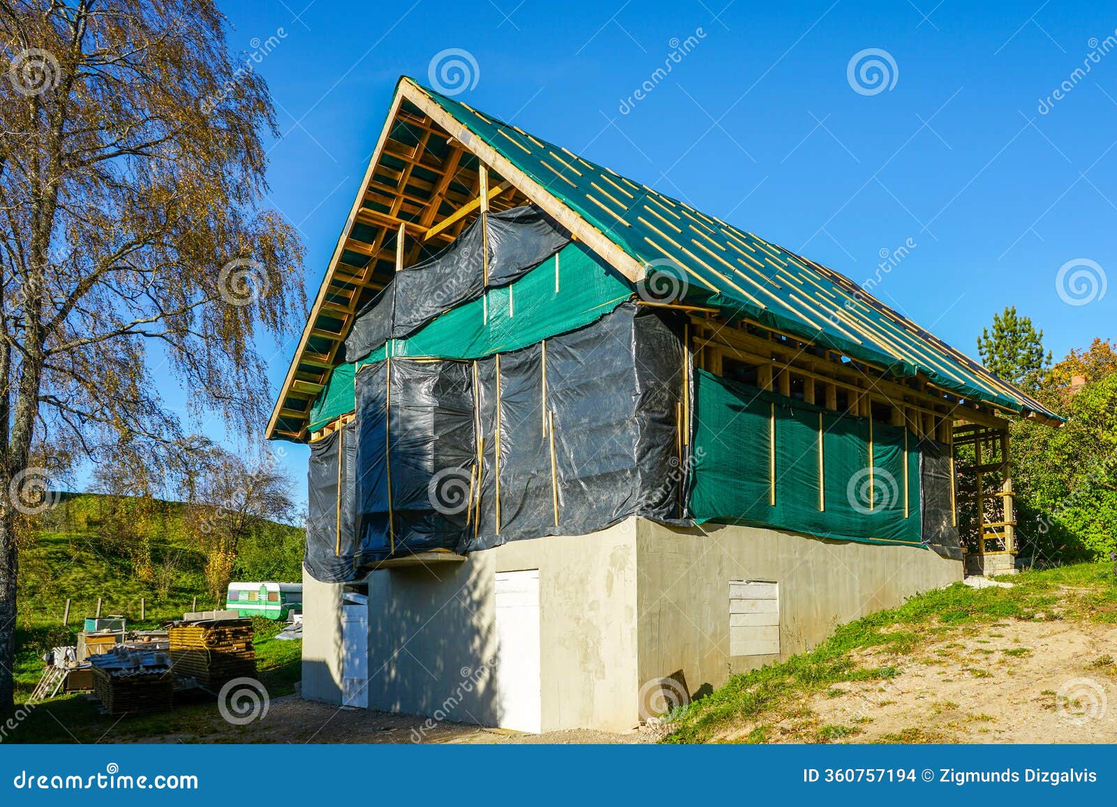 Small Wooden Structure Residential House Frame on Concrete Foundations ...
