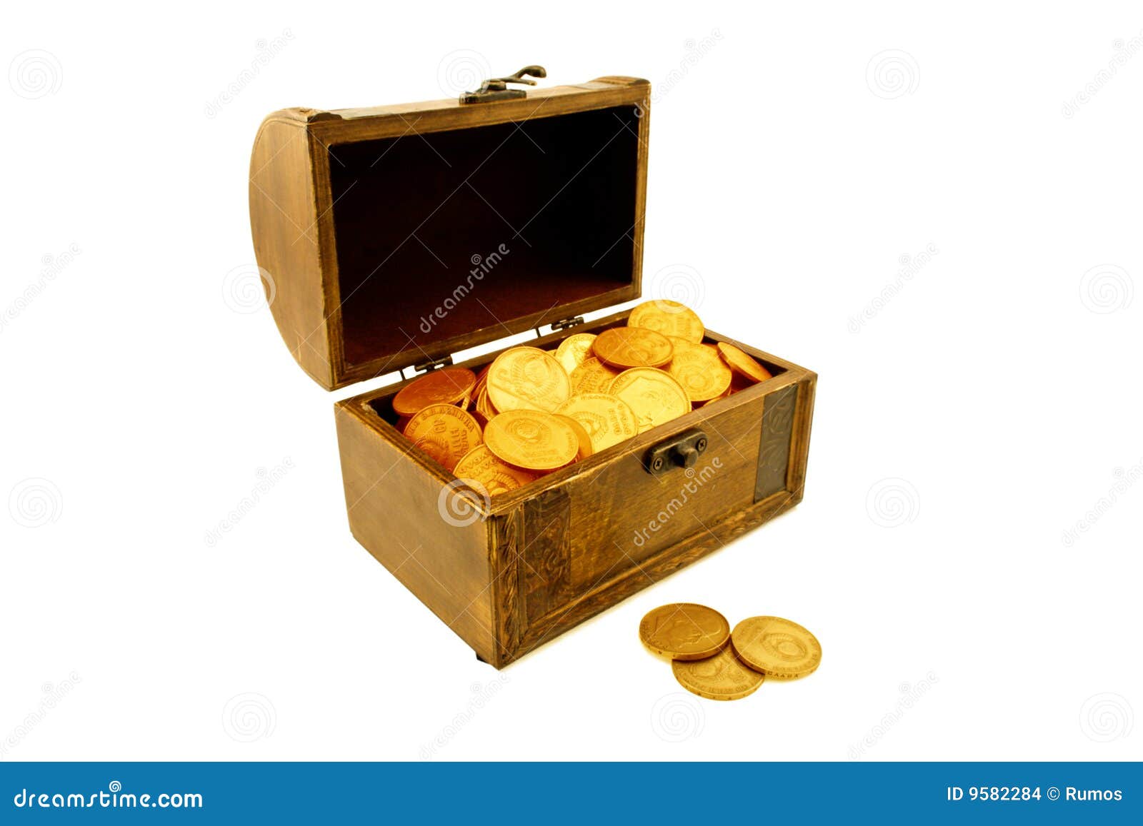 The Small Wooden Trunk with Golden Coins Stock Photo - Image of case ...