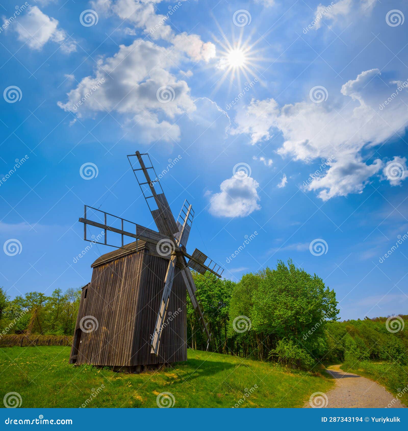 Wooden Windmill among Green Rural Fields Stock Photo - Image of wind ...