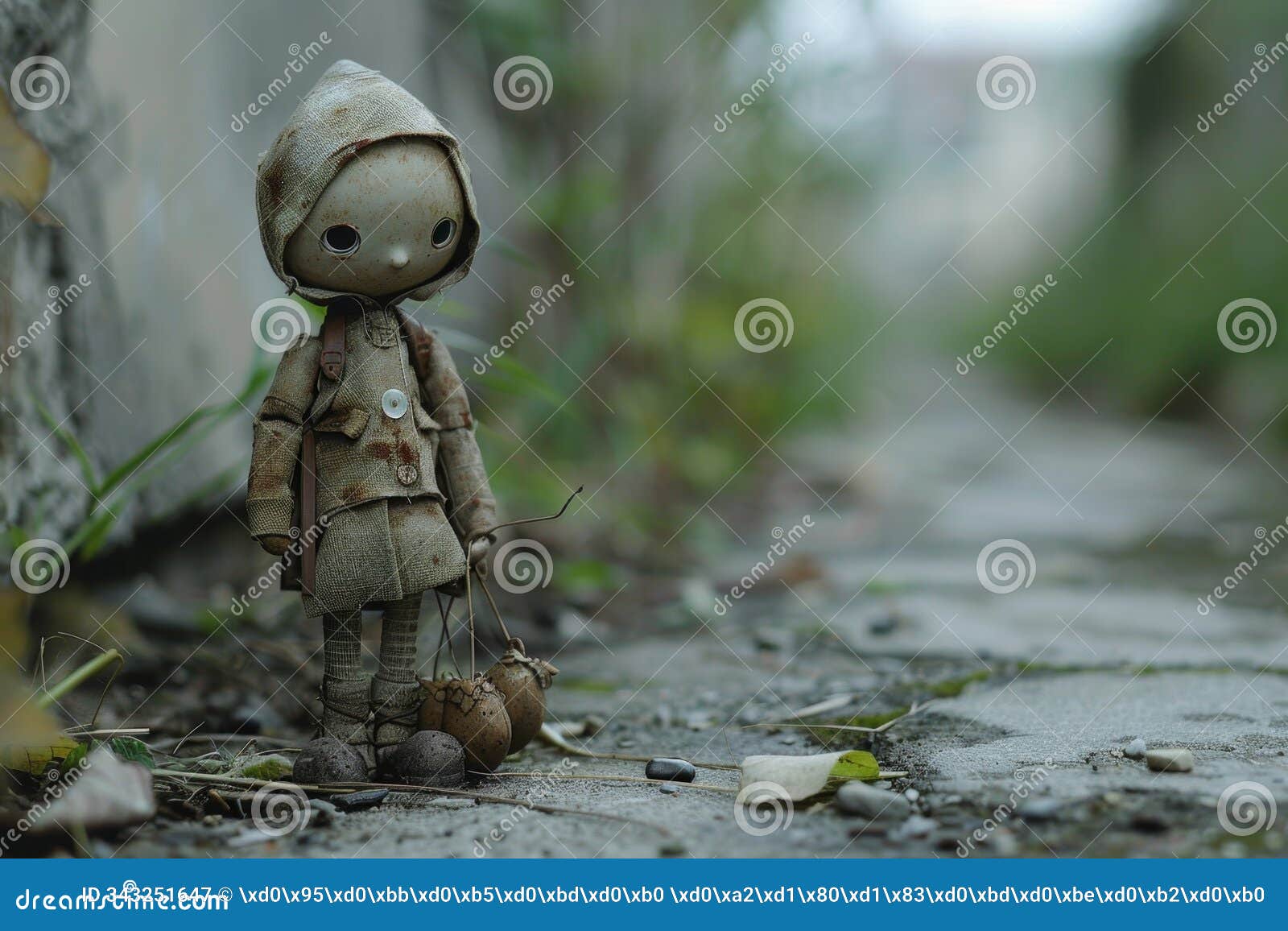 A Lonely Doll Stands on a Cobblestone Path, Surrounded by Overgrown ...