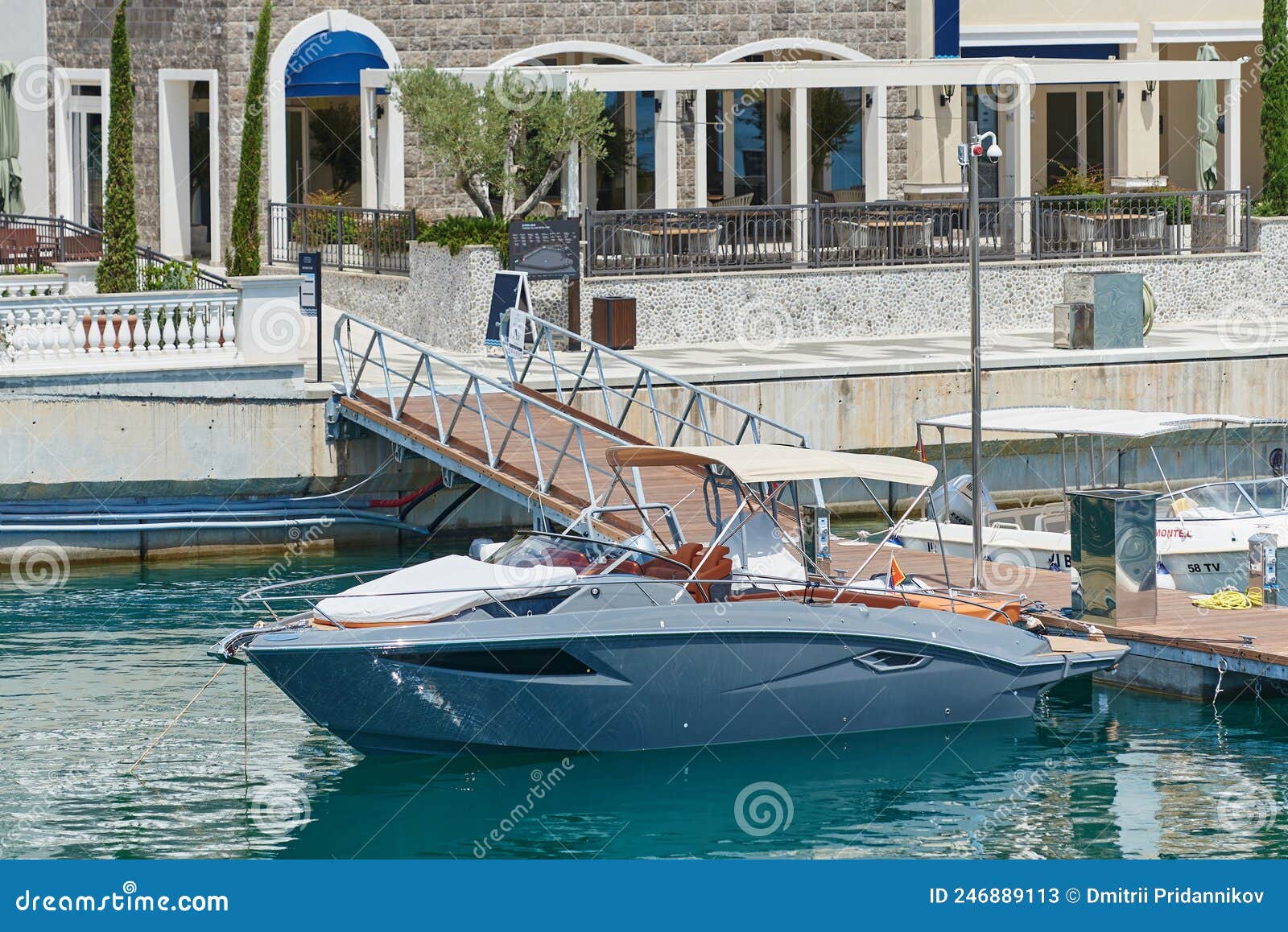 Small Yacht of Gray Color Moored at Dock Stock Image - Image of ...