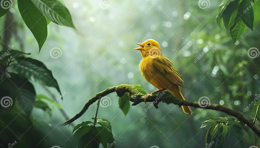 Small Yellow Bird Perching on Branch, Singing in Tranquil Forest Stock ...