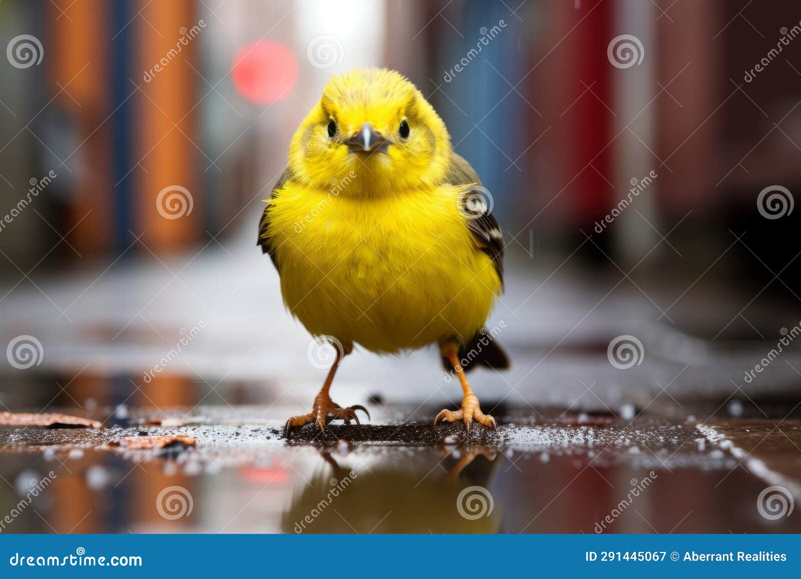 A Small Yellow Bird Standing on a Wet Sidewalk Stock Illustration ...