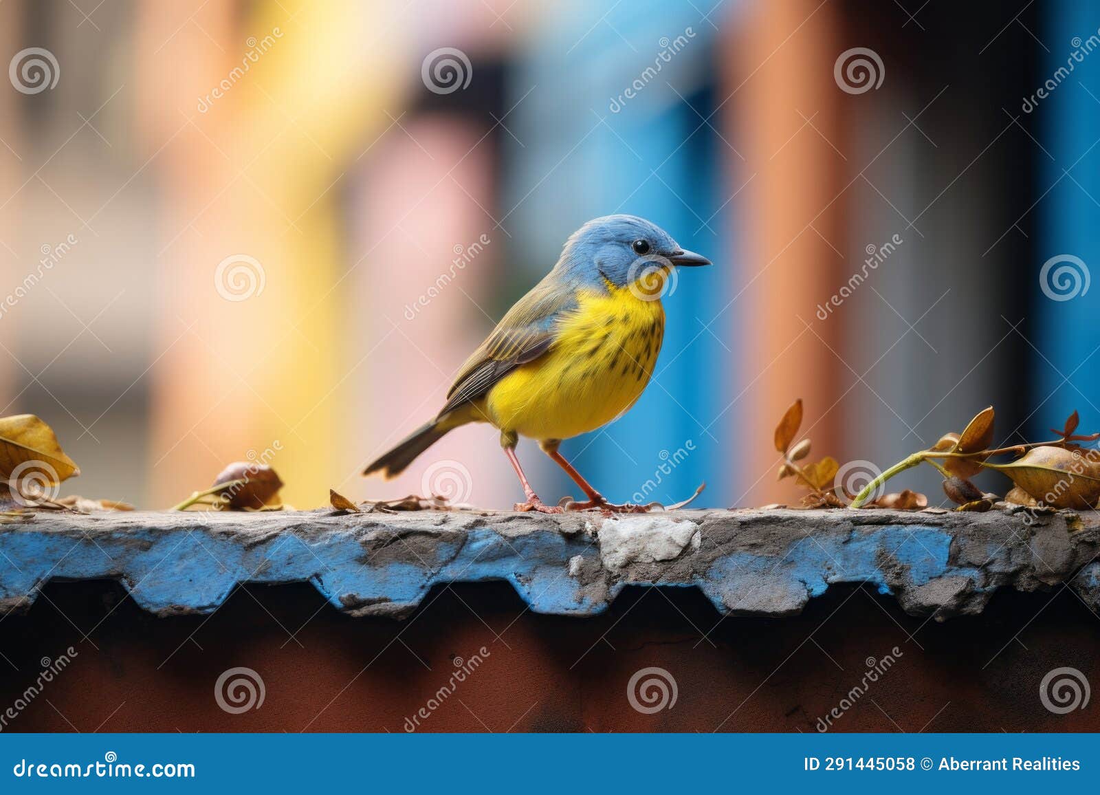 A Small Yellow and Blue Bird Standing on a Ledge Stock Illustration ...