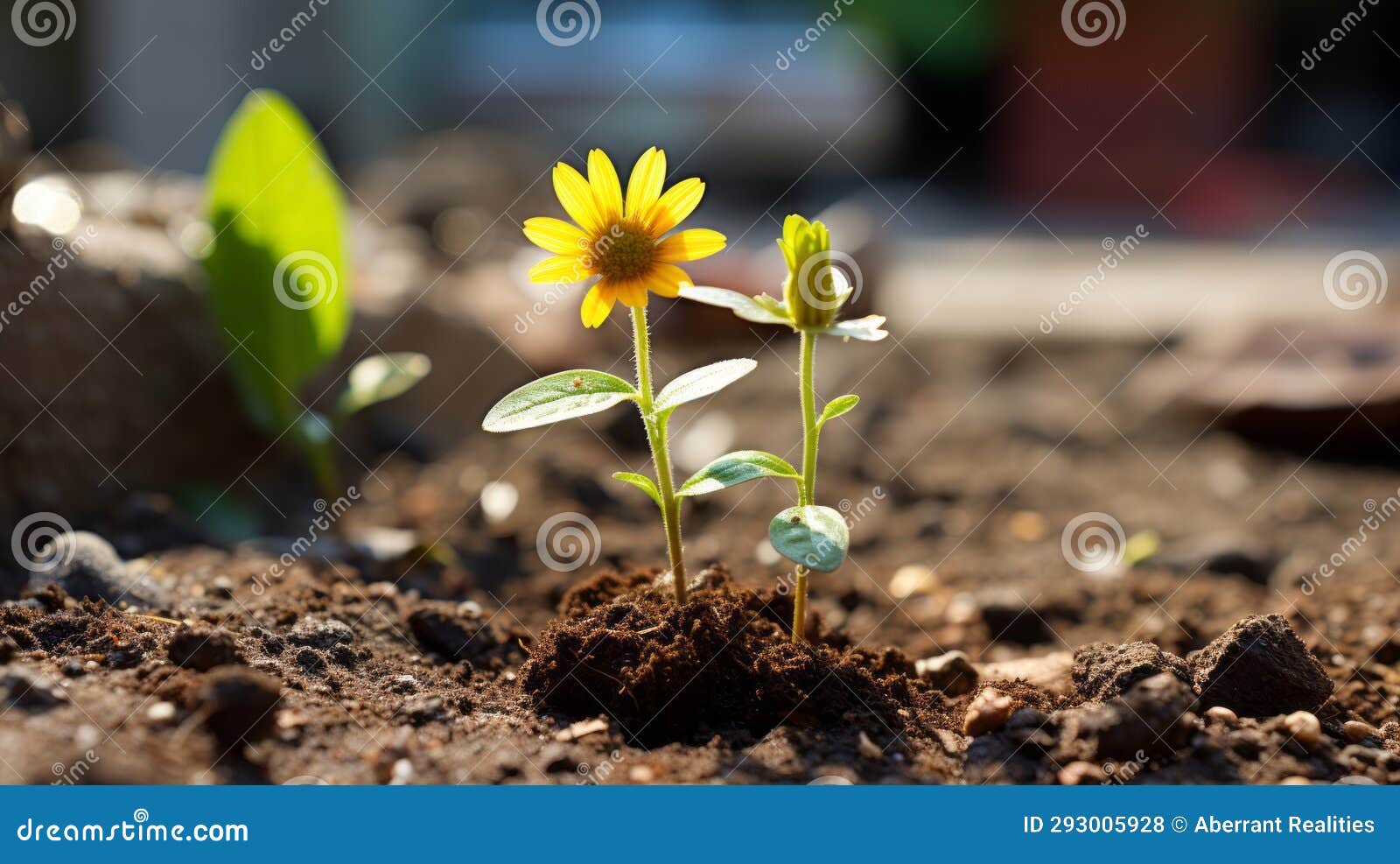 A Small Yellow Sunflower is Growing Out of the Ground Stock ...