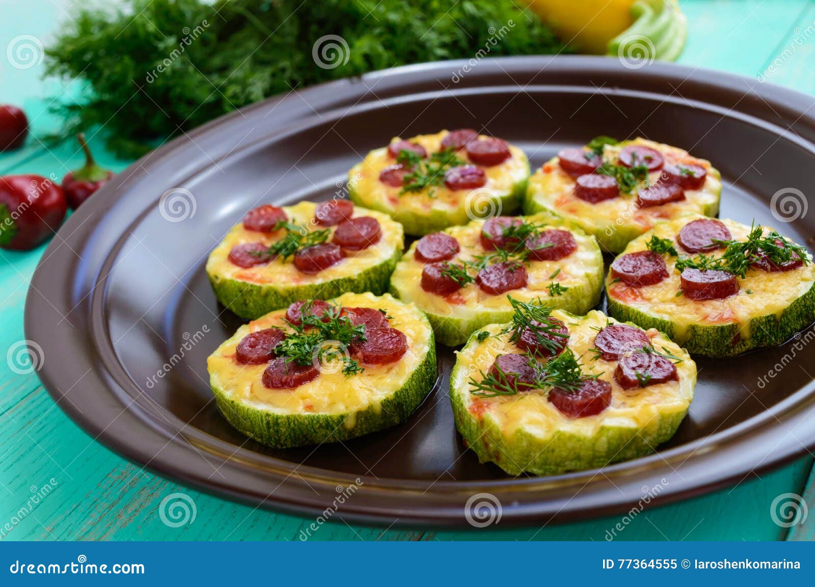 Small Zucchini Pizza on the Circles with Pepperoni and Mozzarella ...