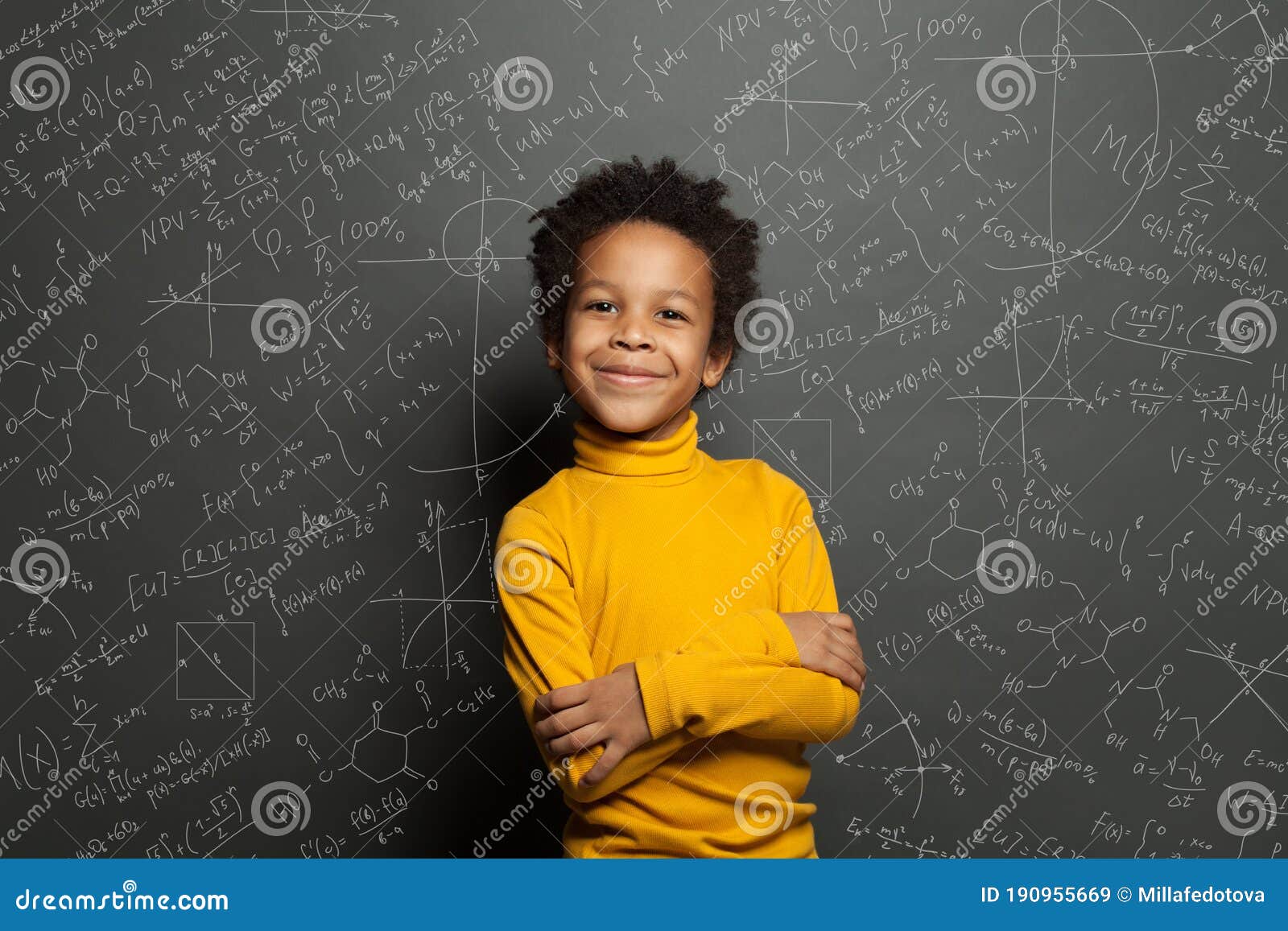 Smart African American Child Student Boy on Chalkboard Background with ...