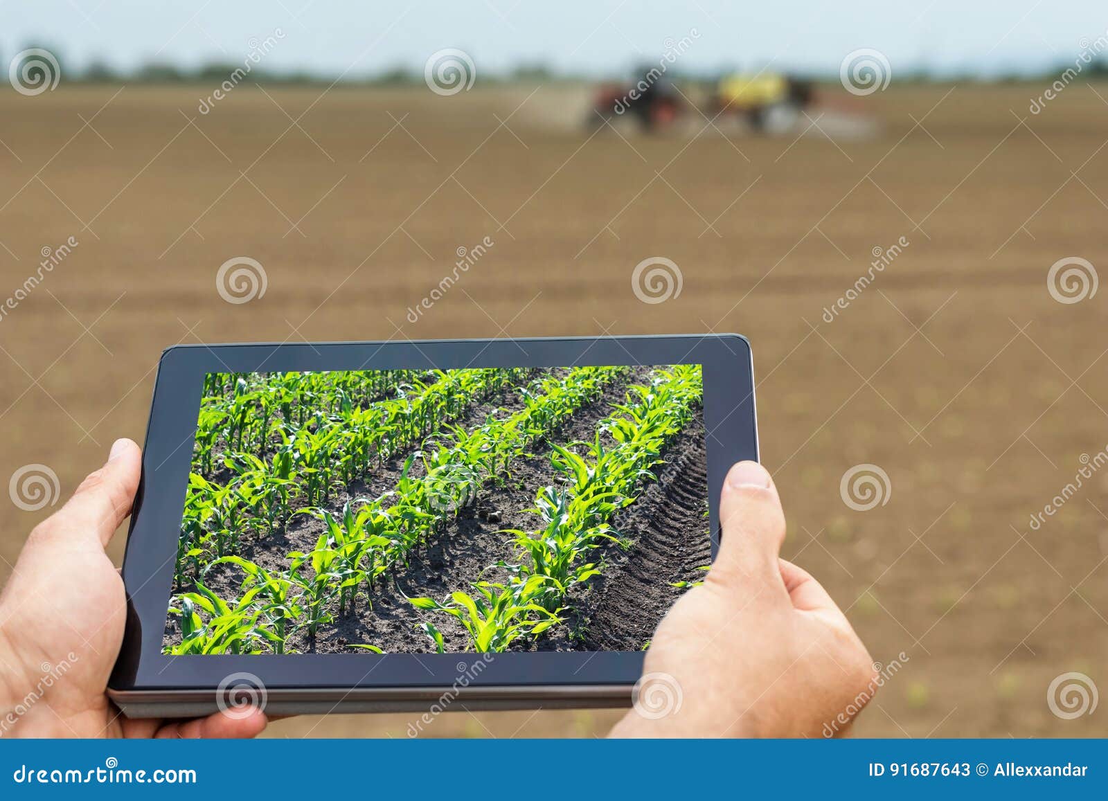 Smart Agriculture. Farmer Using Tablet Corn Planting. Modern ...