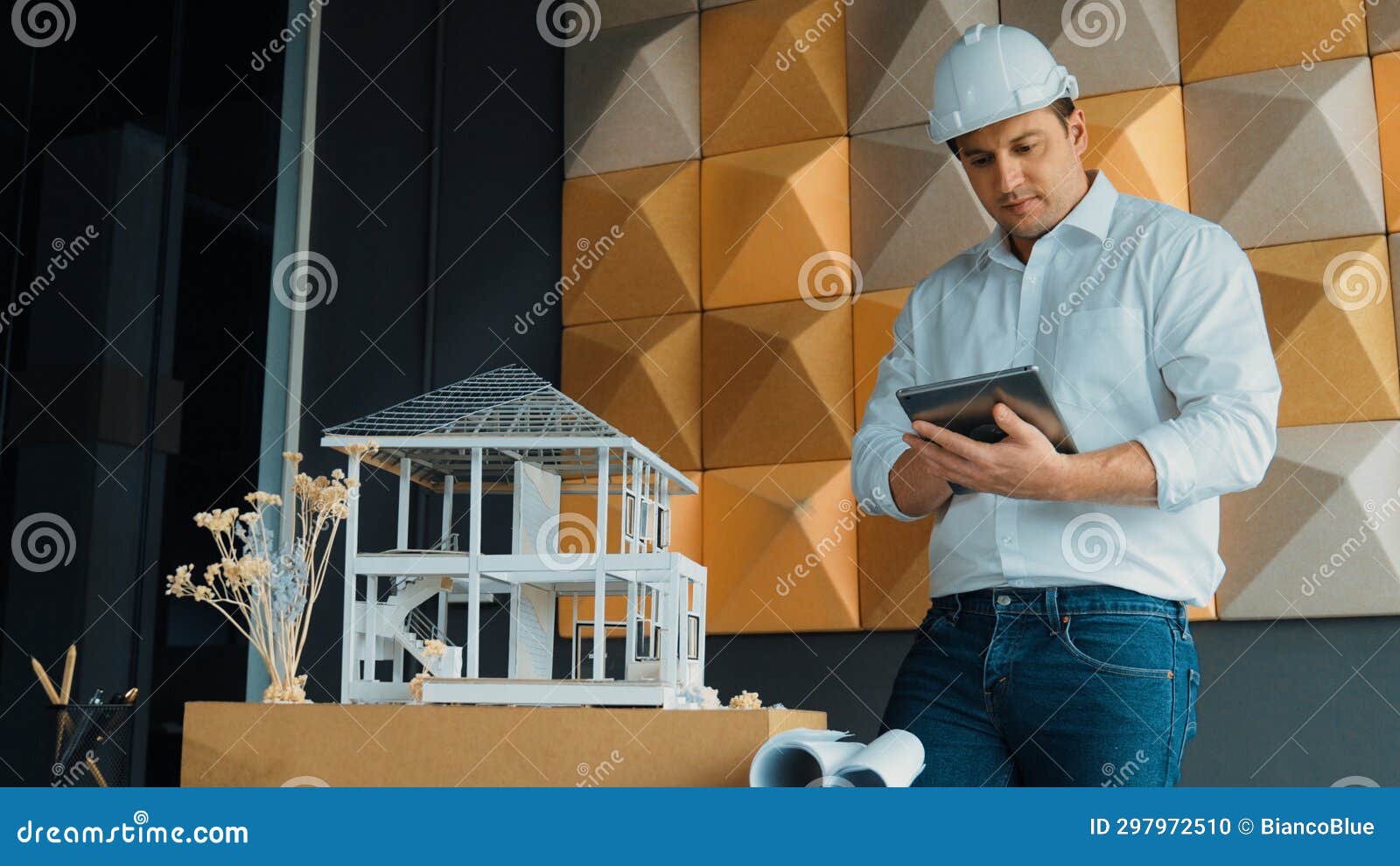 Smart Architect Engineer Using Tablet Analysis House Construction ...