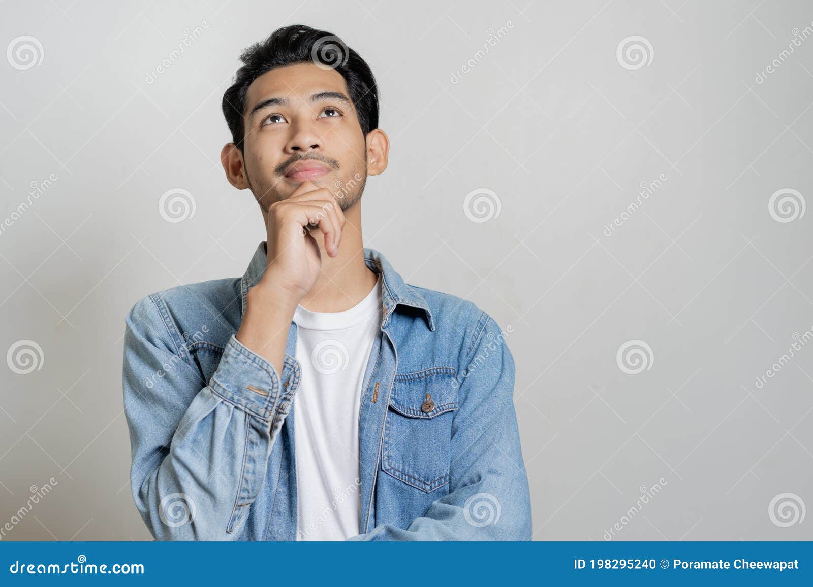 Asian Man Thinking and Smiling Stock Photo - Image of pensive, fashion ...