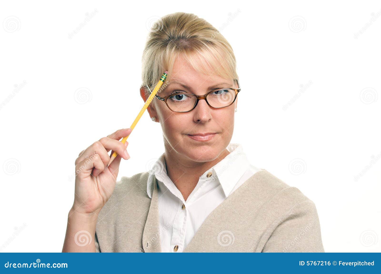 Smart Beautiful Woman with Pencil Stock Photo - Image of listening ...
