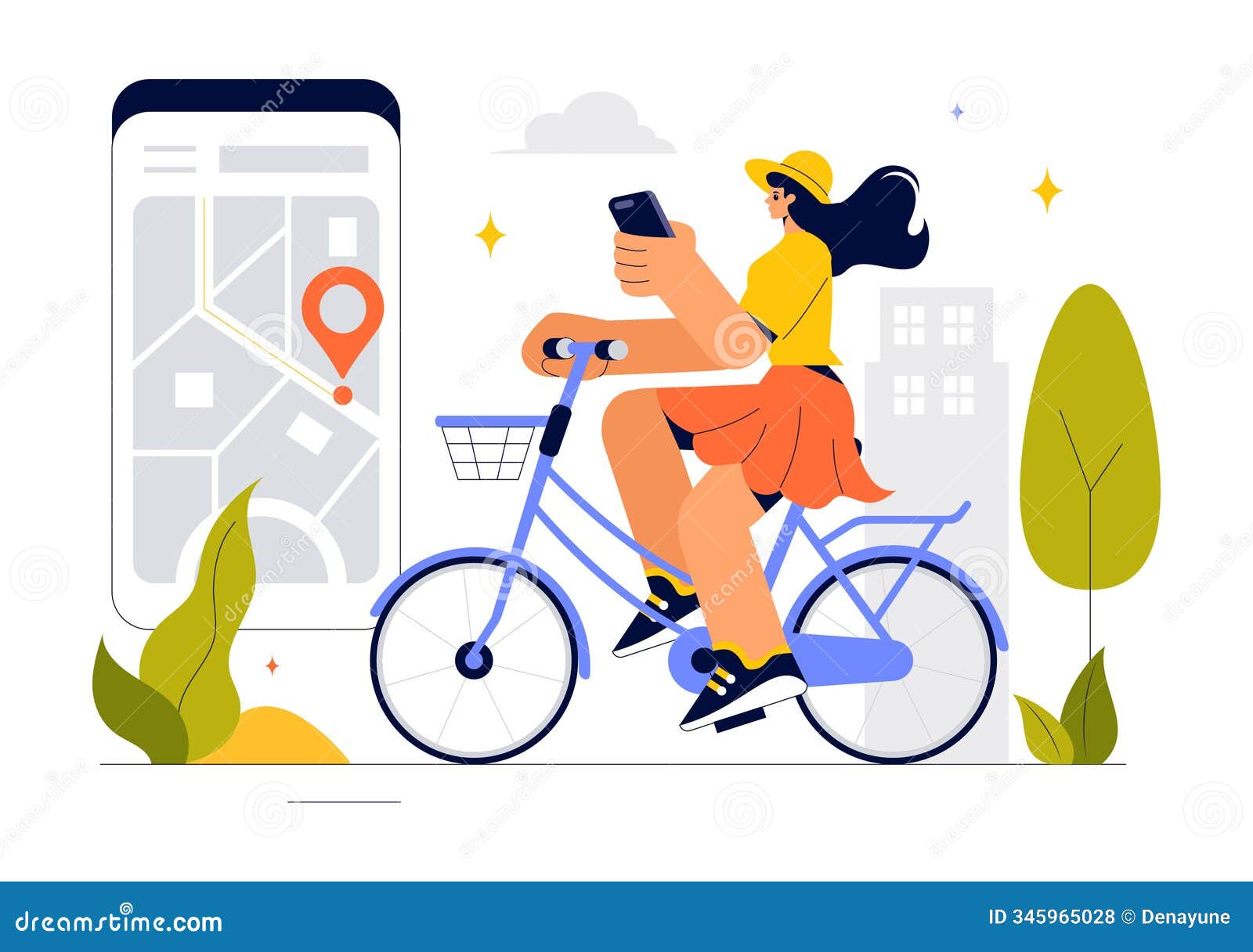 Smart Bike Vector Illustration Featuring A Navigation App With A Map ...
