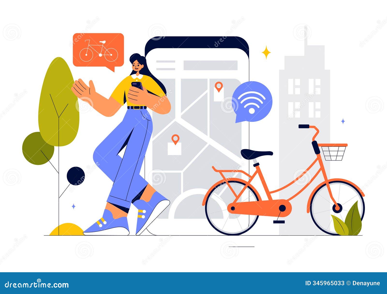Smart Bike Vector Illustration Featuring A Navigation App With A Map ...