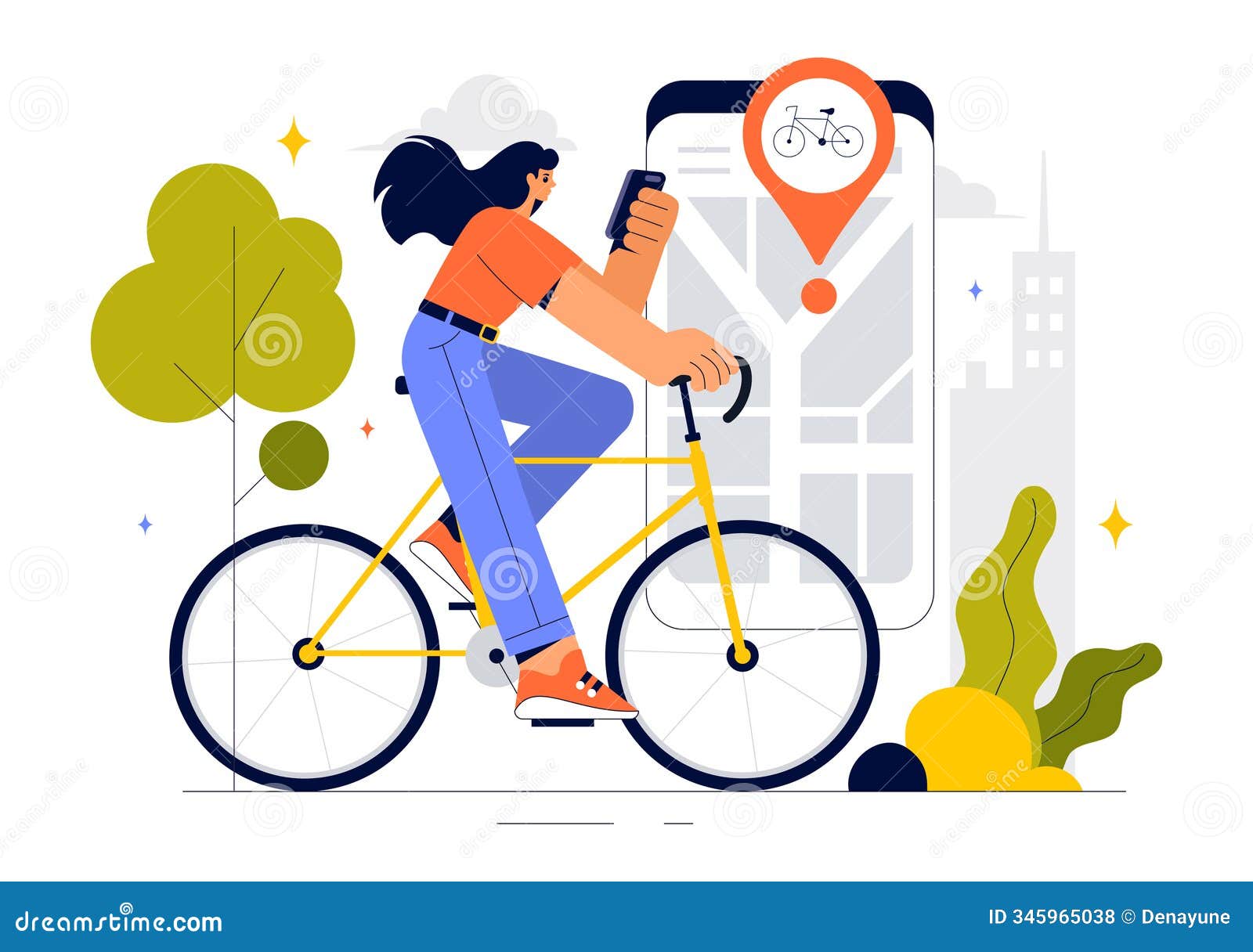 Smart Bike Vector Illustration Featuring A Navigation App With A Map, Location Pin, And Tracking ...