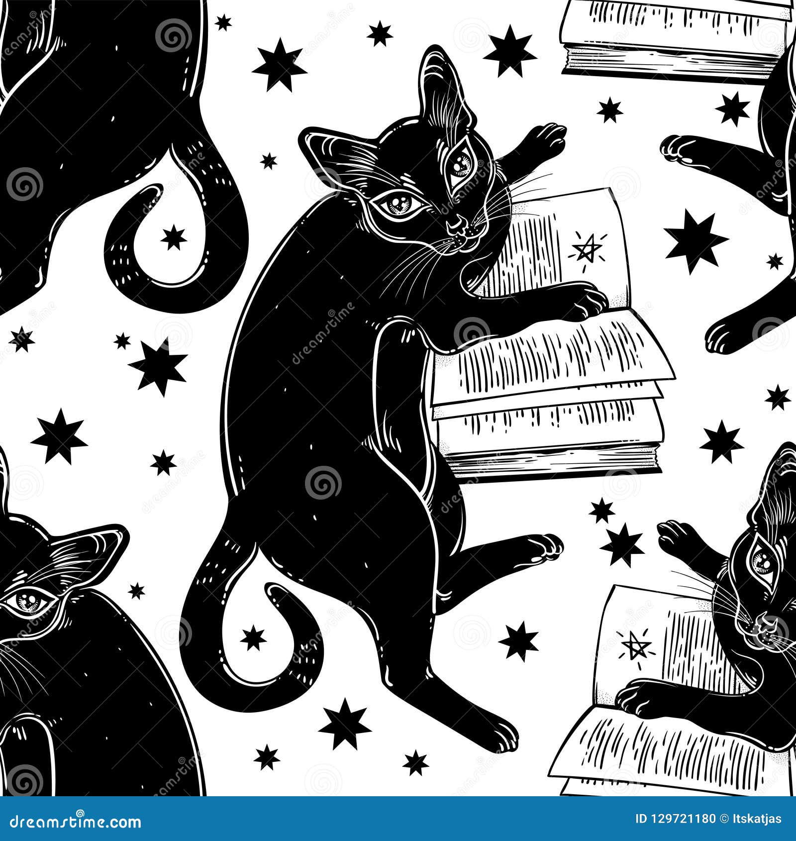 Smart Black Cat Reading the Magic Book Seamless Pattern. Stock Vector ...