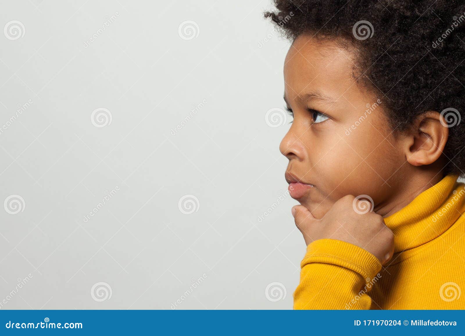 Smart Black Child Boy Thinking on White Background Stock Photo - Image ...