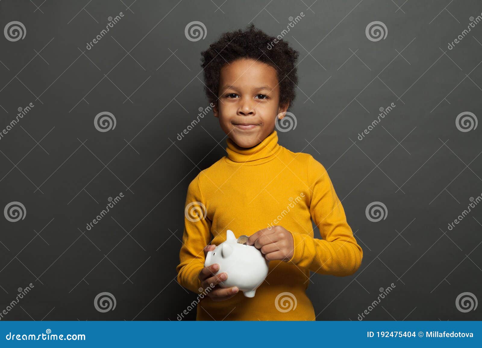 Smart Black Child with Money Box and Coin Stock Photo - Image of ...