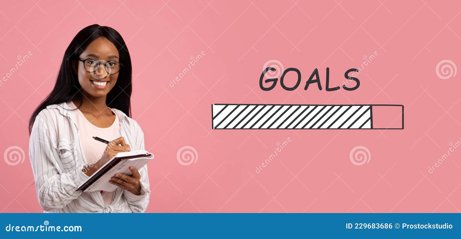 Smart Black Female Student Taking Notes in Copybook on Pink Background ...