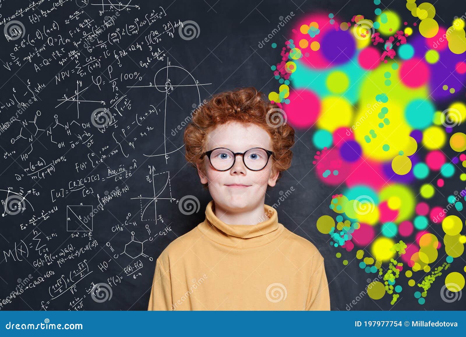 Smart Boy on Blackboard Background with Maths Formulas and Art Pattern ...