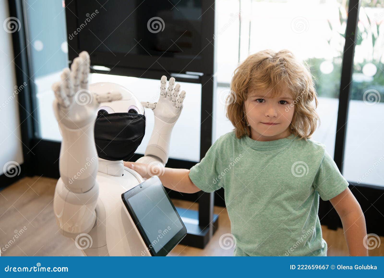 Smart Boy Child Communicate with Robot Assistant Technology for Modern ...