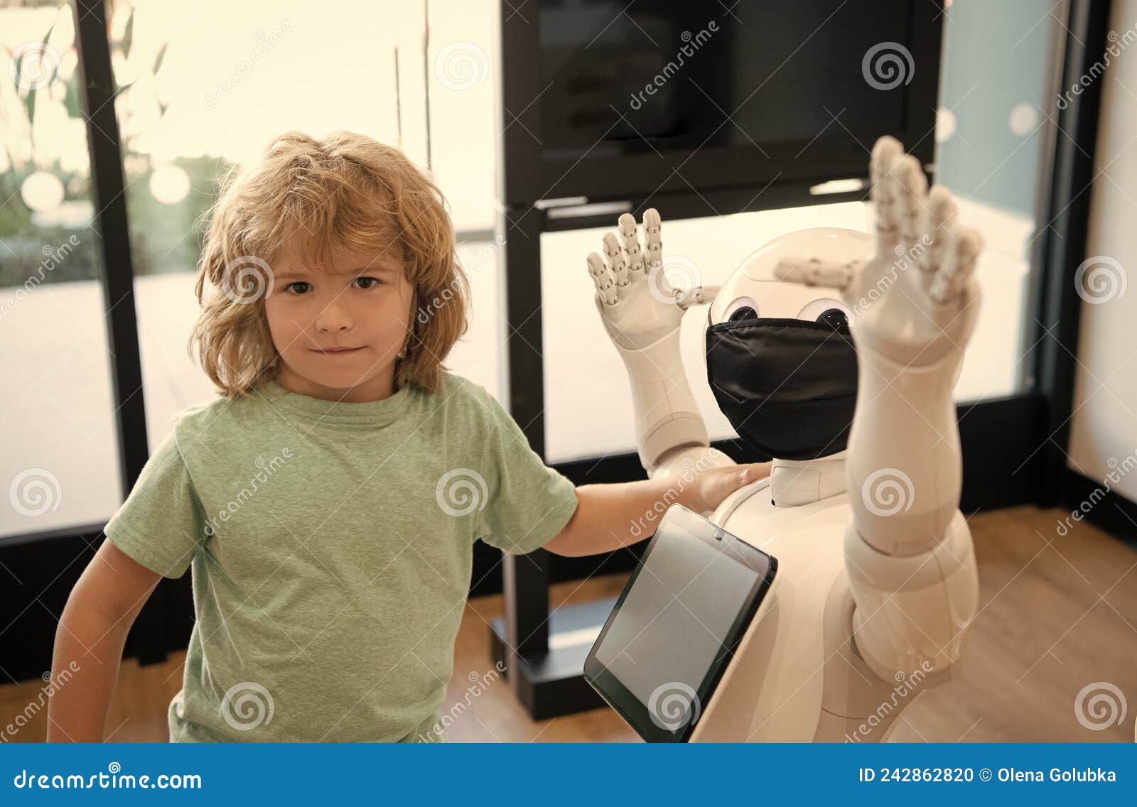 Smart Boy Child Communicate with Robot Assistant Technology for Modern ...