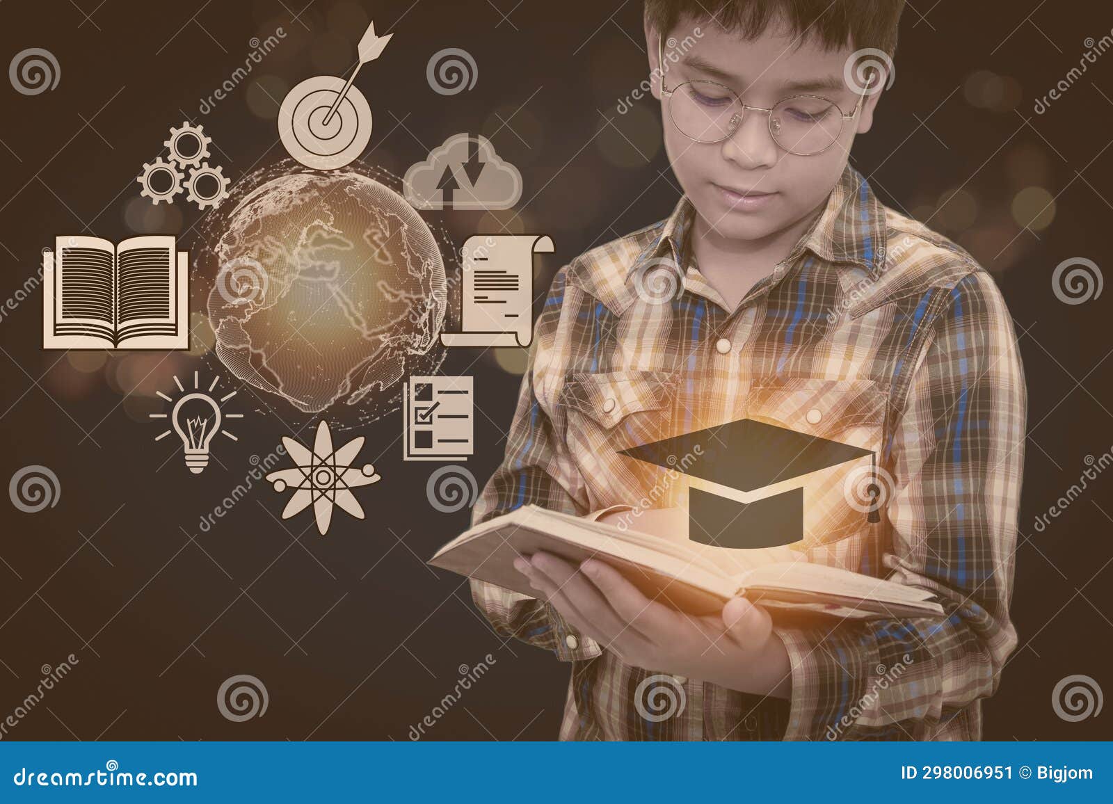 Smart Boy with Glasses Reading Book. Thinking, Imagining, Icons of ...