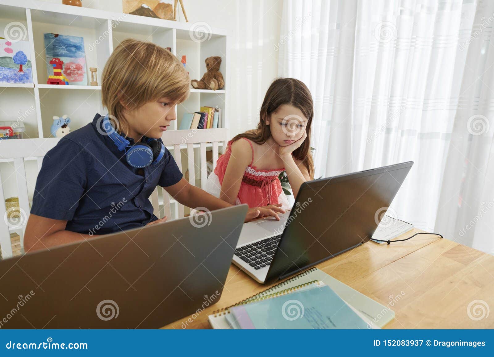 Boy Helping Classmate with Task Stock Image - Image of laptop ...