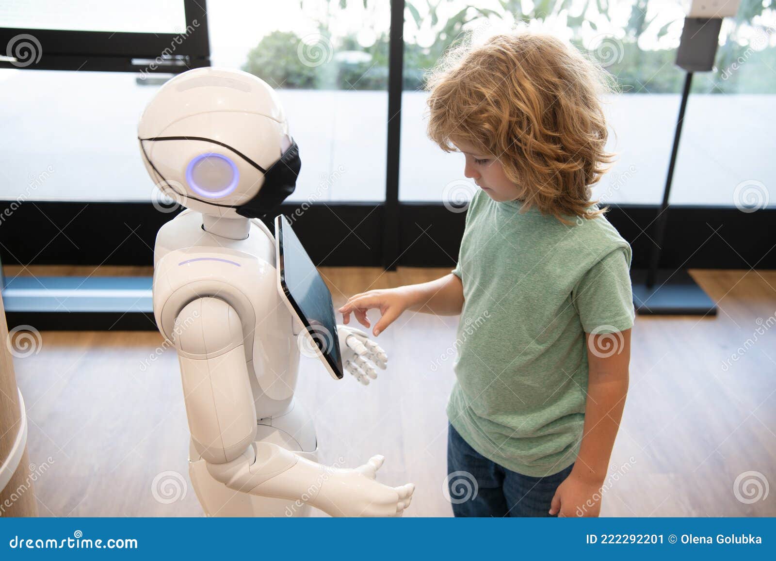 Smart Boy Kid Communicate with Robot Assistant Technology for Modern ...