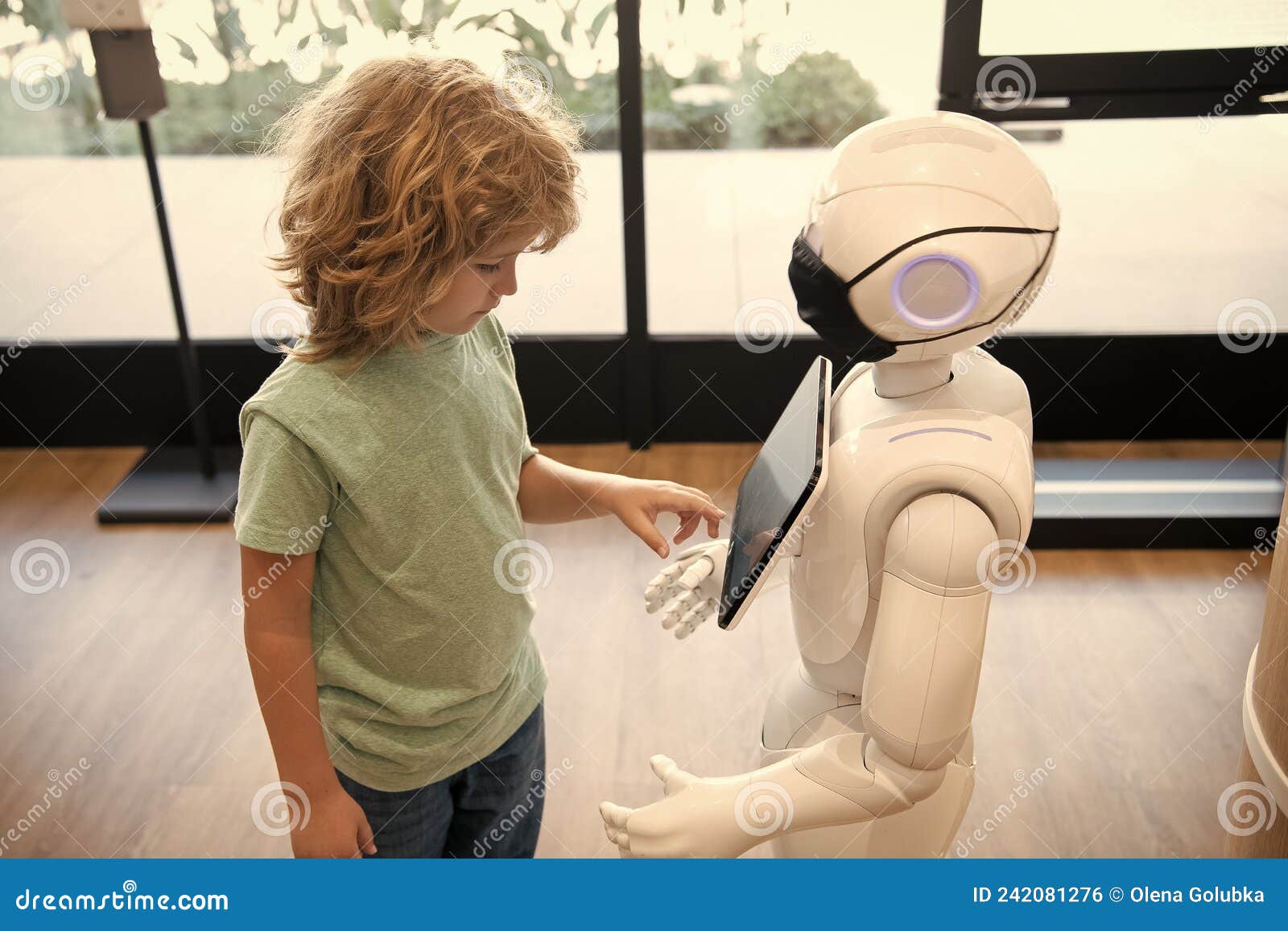 Smart Boy Kid Communicate with Robot Assistant Technology for Modern ...