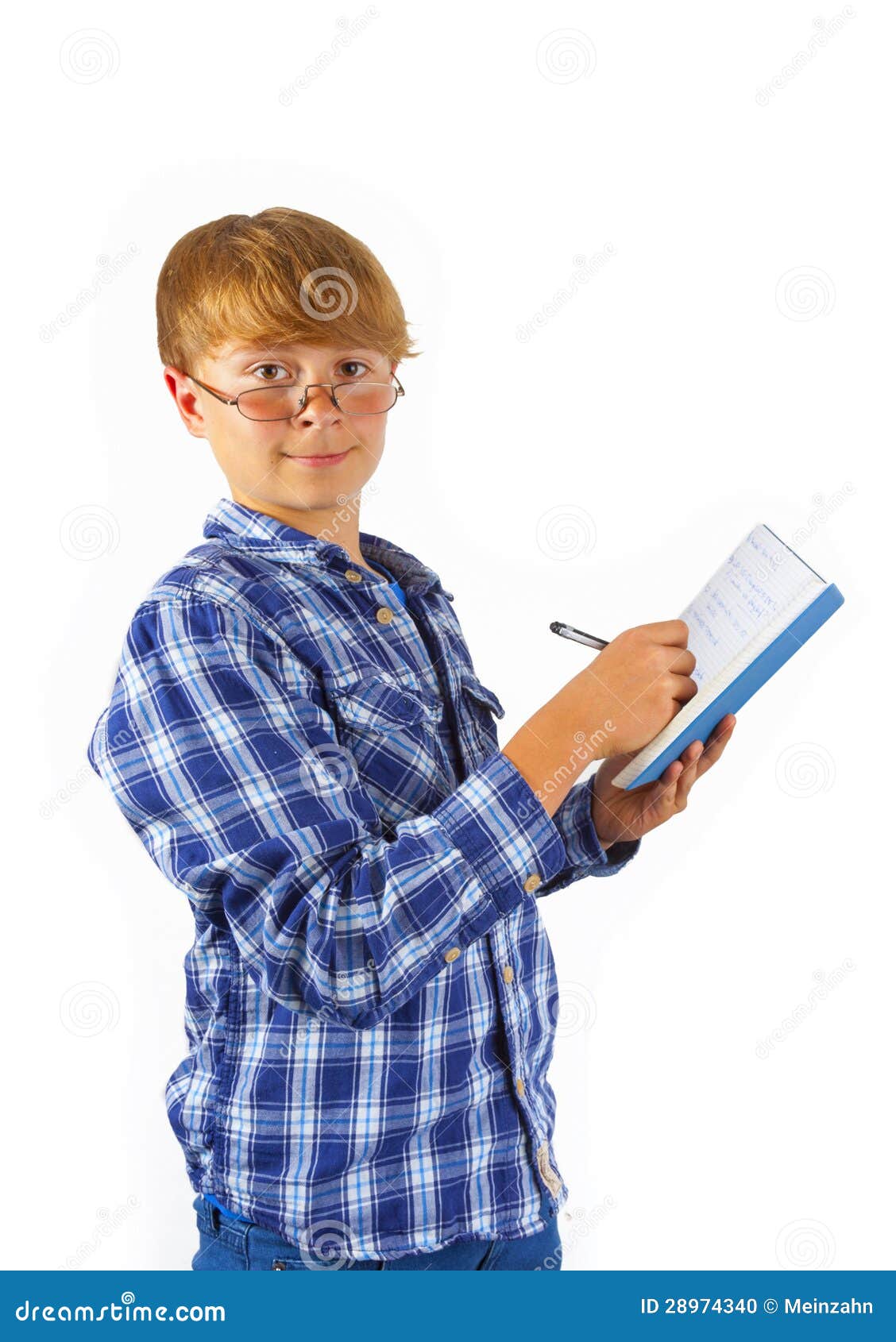 Smart Boy Wearing Glasses is Writing in a Book Stock Photo - Image of ...