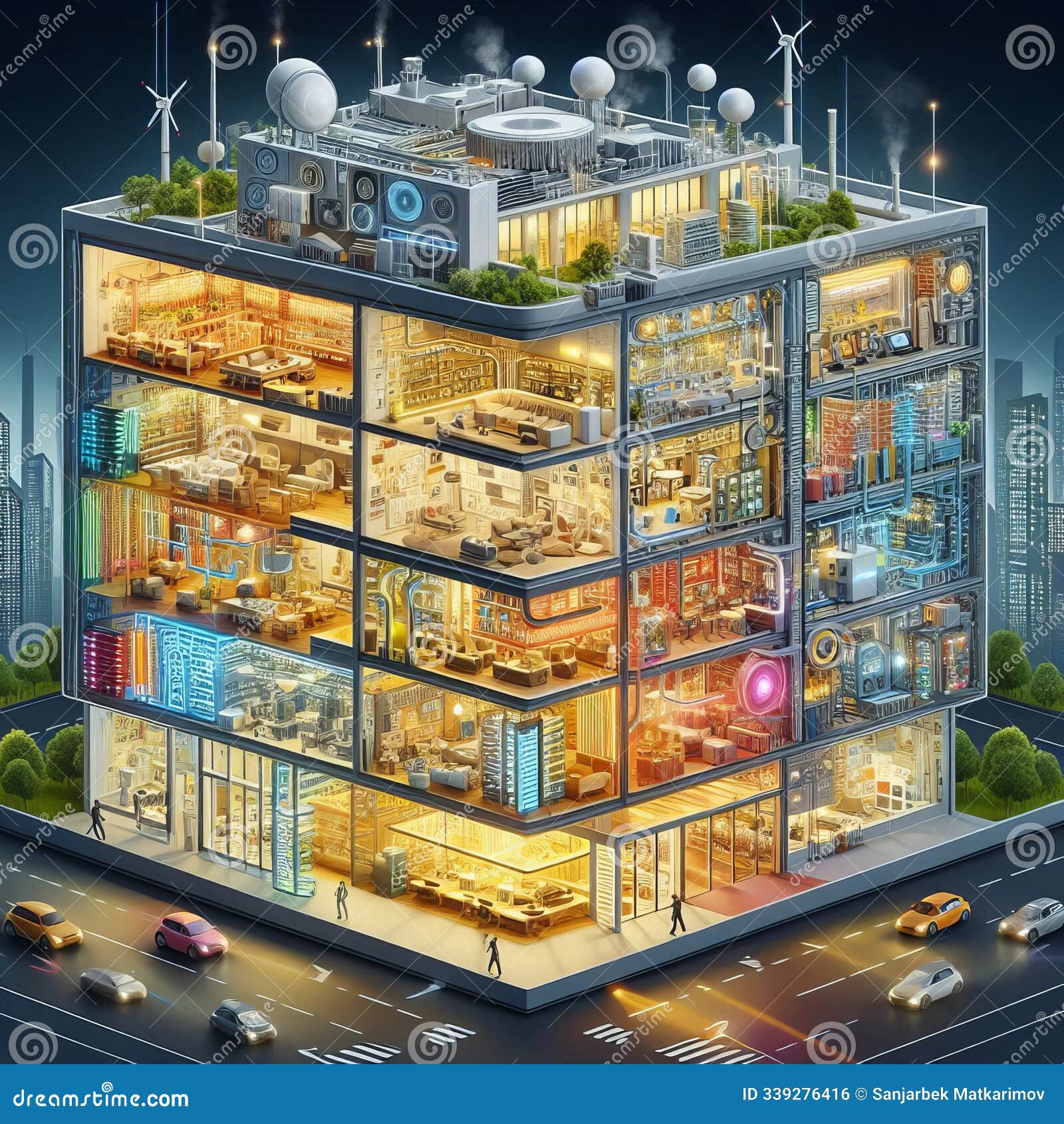 Smart Building Cross Section with HVAC and Lighting Systems Deta Stock ...