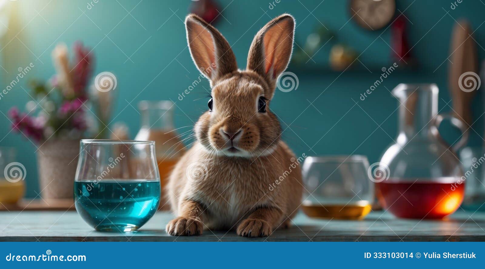 Smart Bunny with Colorful Lab Glassware on Turquoise Background. Stock ...