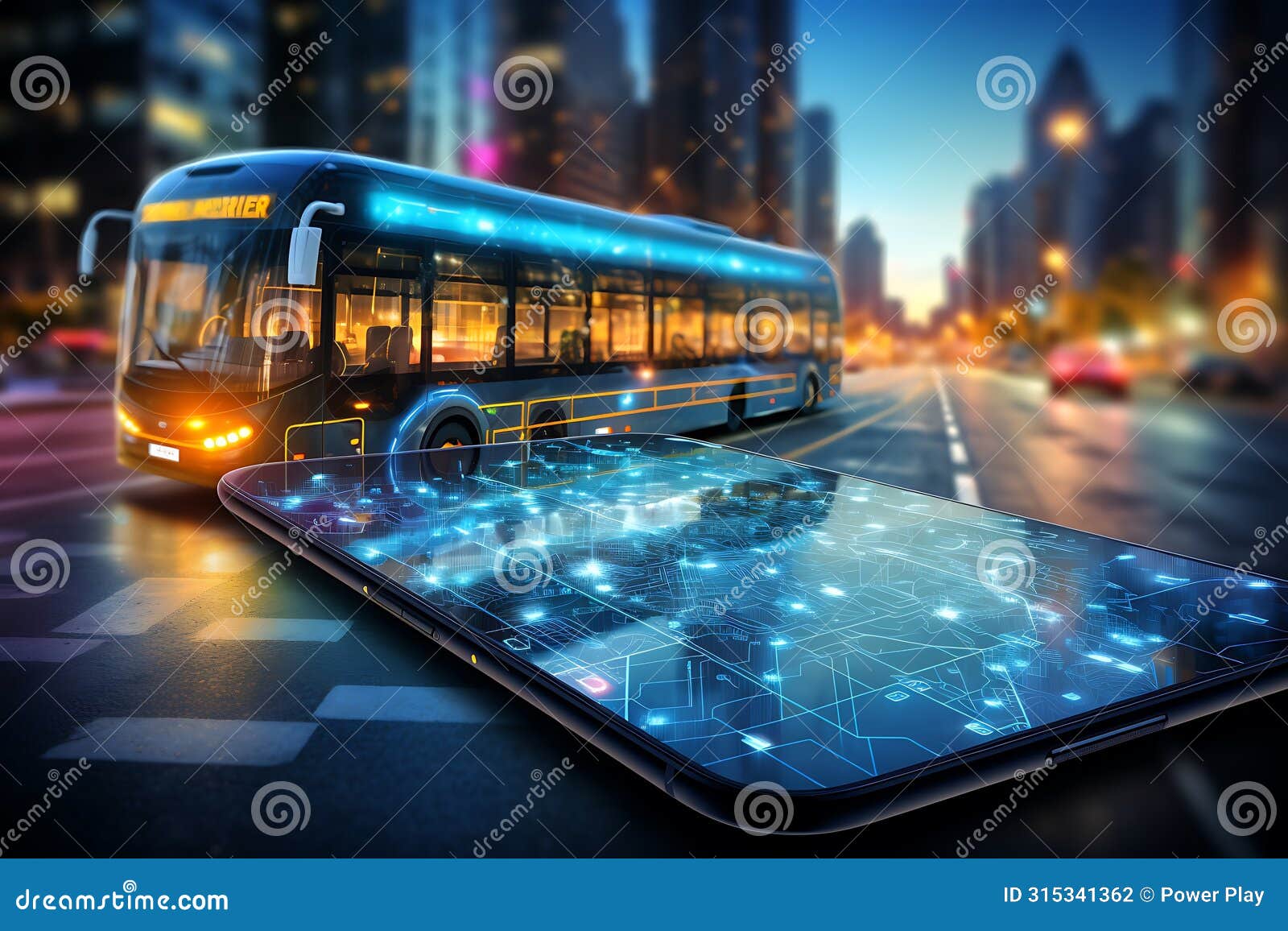 Smart Bus with Map and City in the Background. 3d Rendering Stock ...